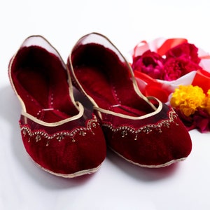 Elegant Plush - Red Velvet Women Flat Shoes Red Mojari Red Khussa Red ...