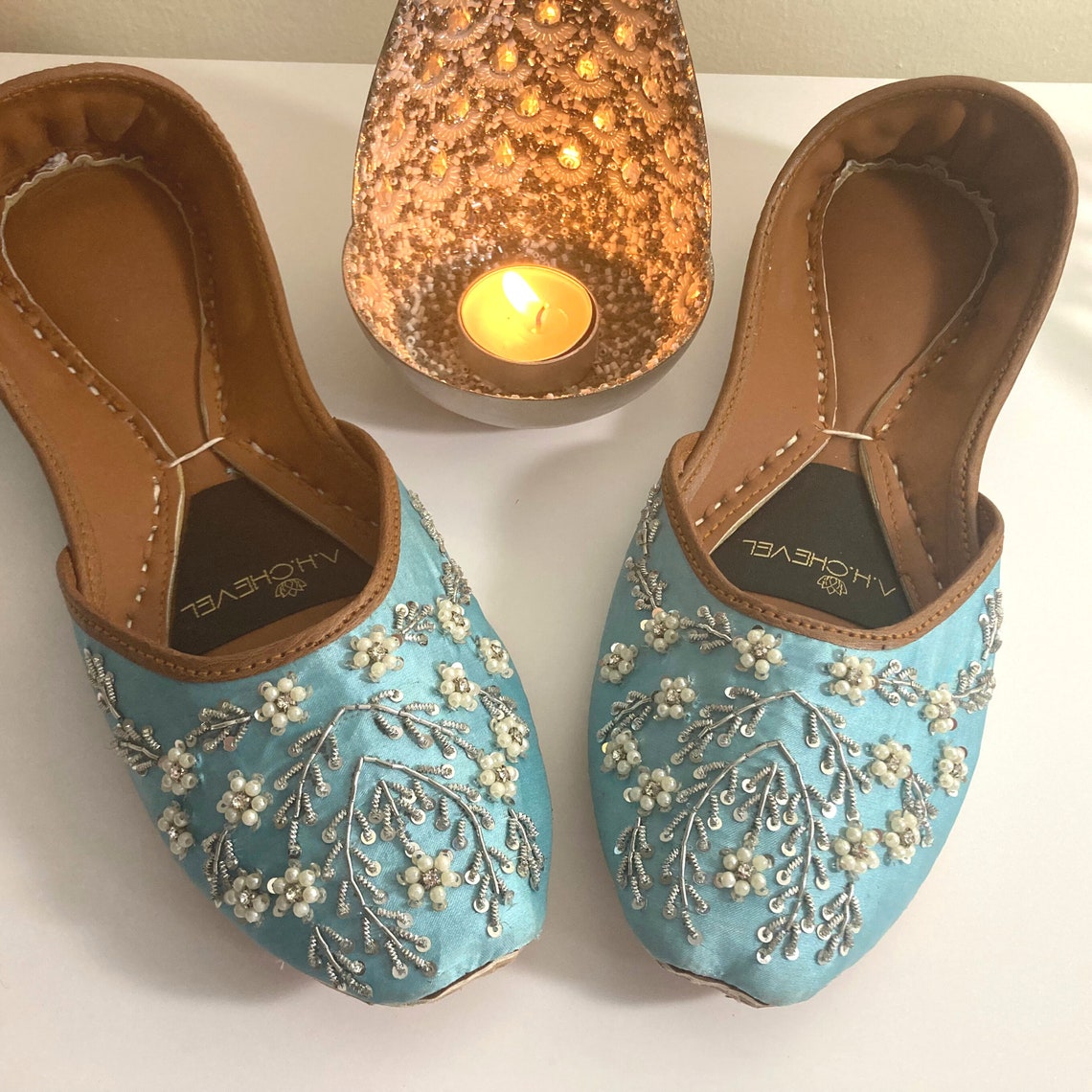 Sky Blue Embellished Jutis: Handmade Pearl Mojari Khussa Flats - Etsy