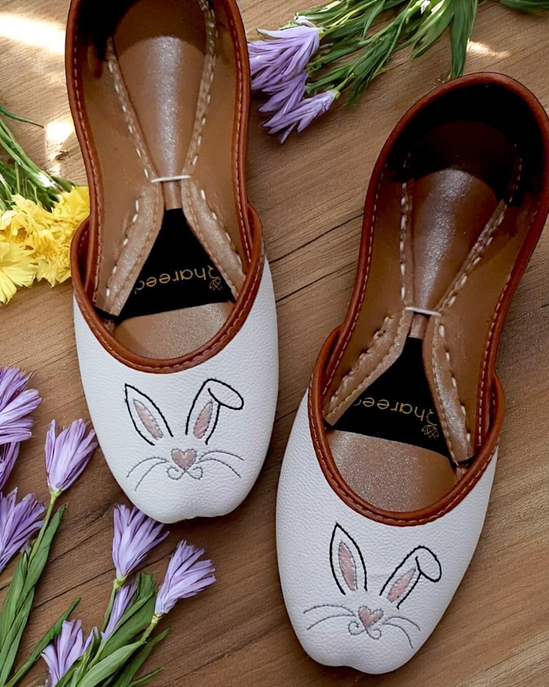 Easter Bunny Flats, White Satin Bunny Embroidered Jutti, Handmade ...
