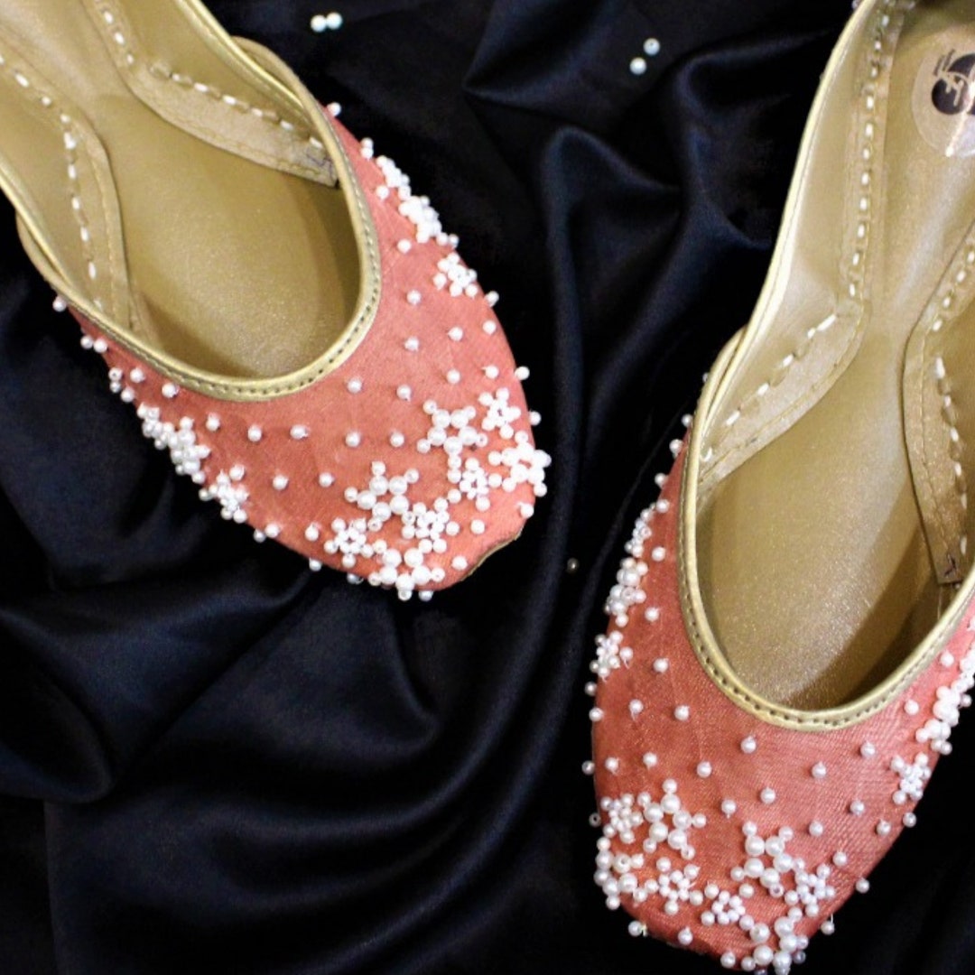 Pearl Peach Handmade Peach Embellished Ballet Flat Shoes Peach Slip Ons ...