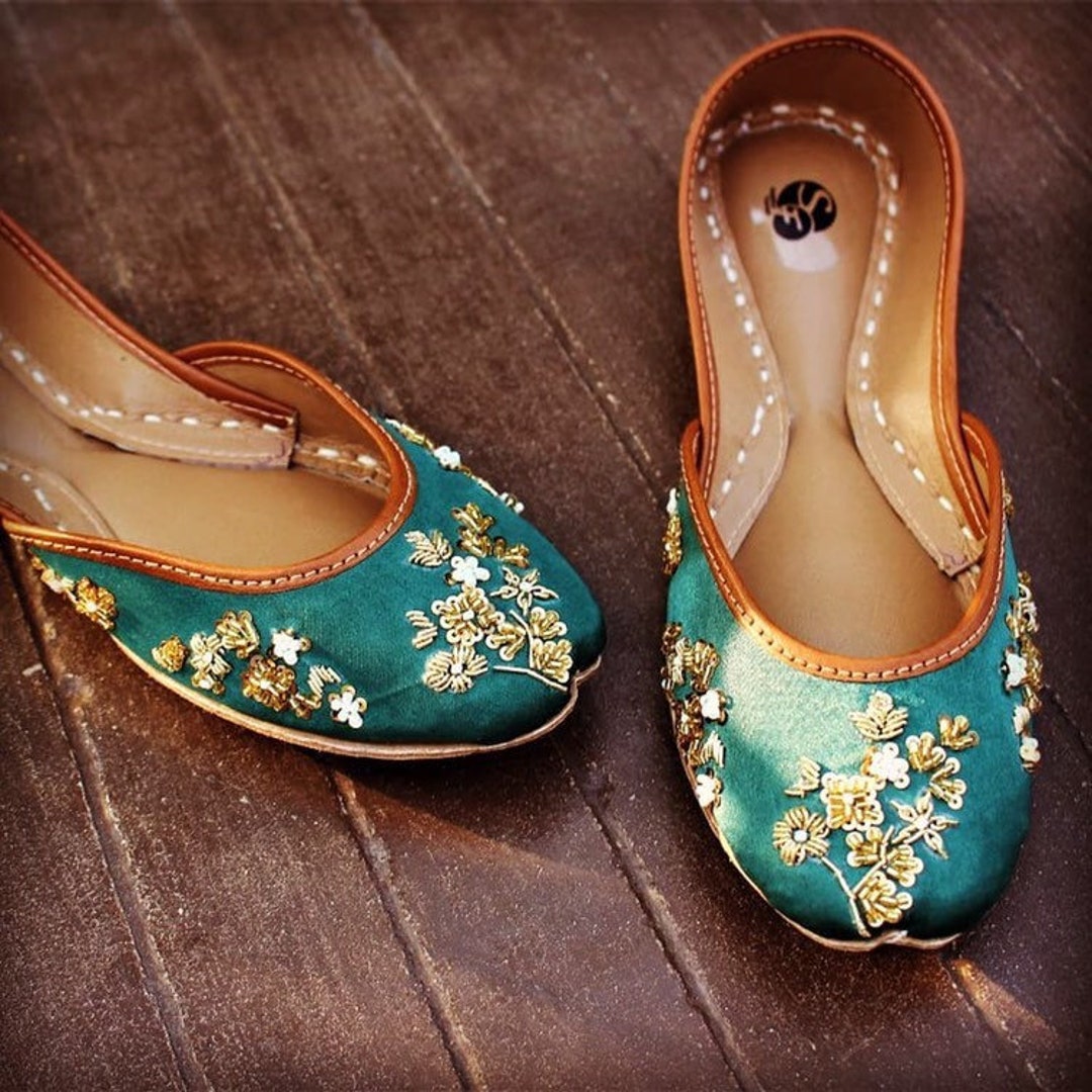 Green & Gold Embellished Bridal Flats: Handmade Indian Jutti Shoes for ...