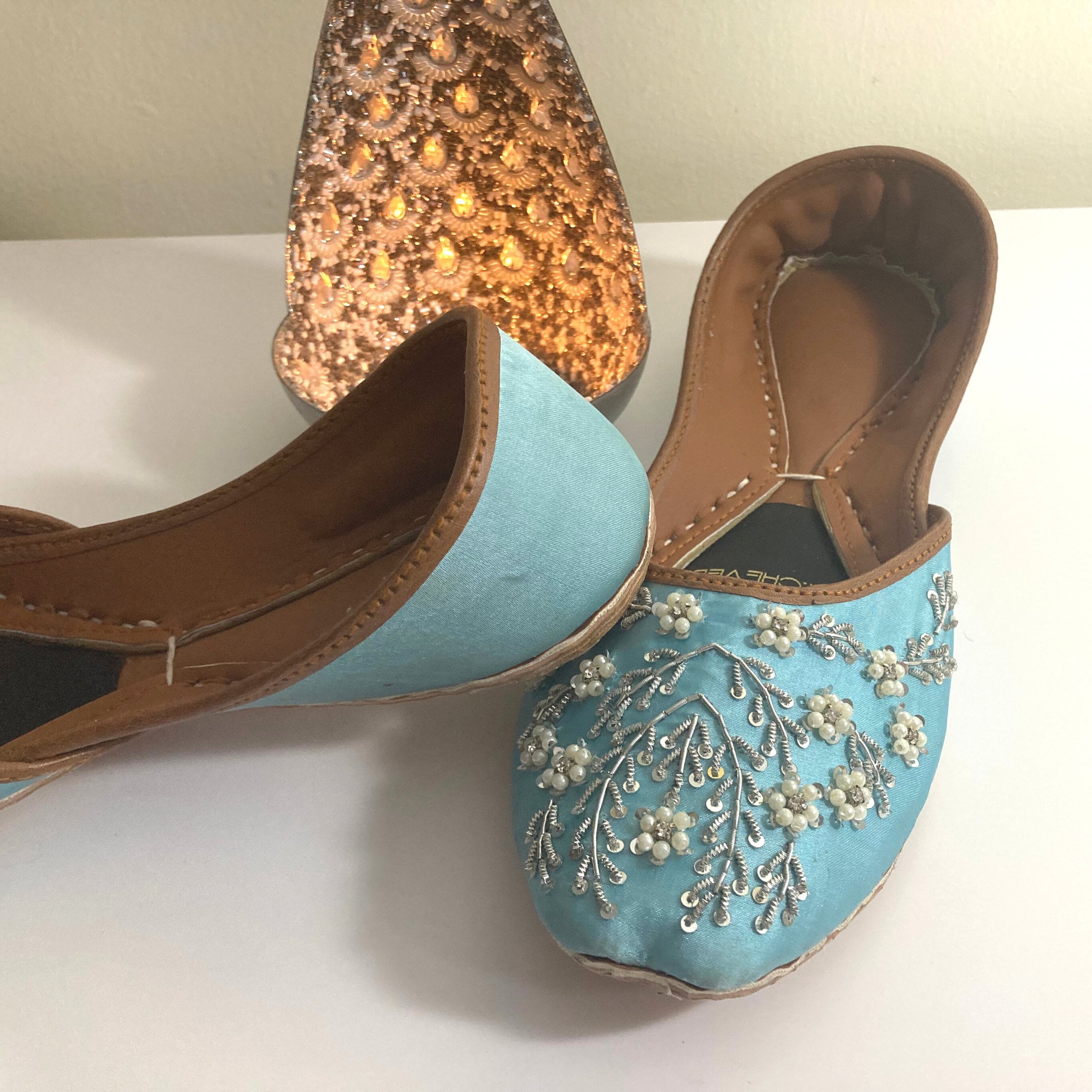 Sky Blue Embellished Jutis: Handmade Pearl Mojari Khussa Flats - Etsy
