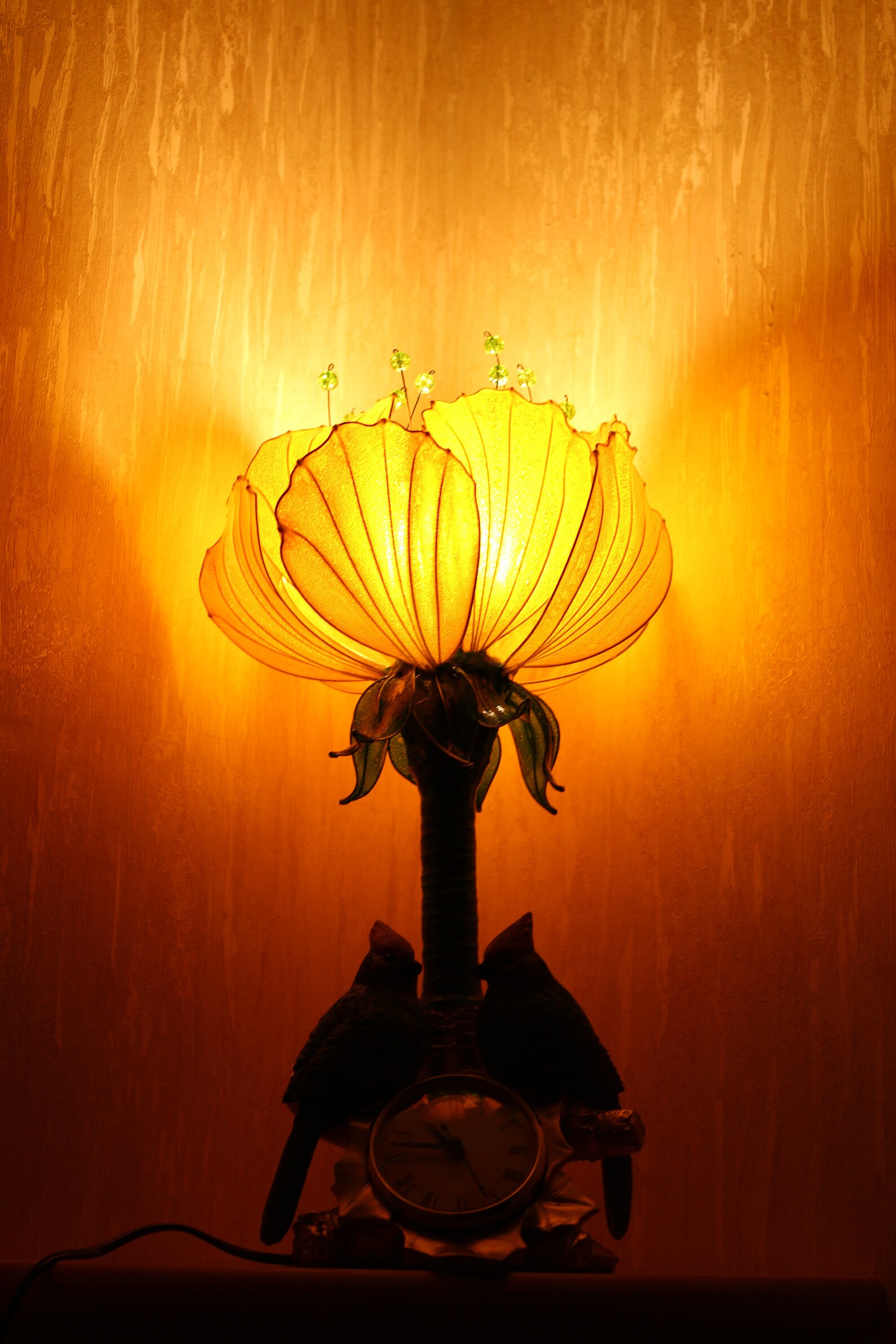 Table Fairy Magic Yellow Flower Lamp With Clock and Birds a - Etsy