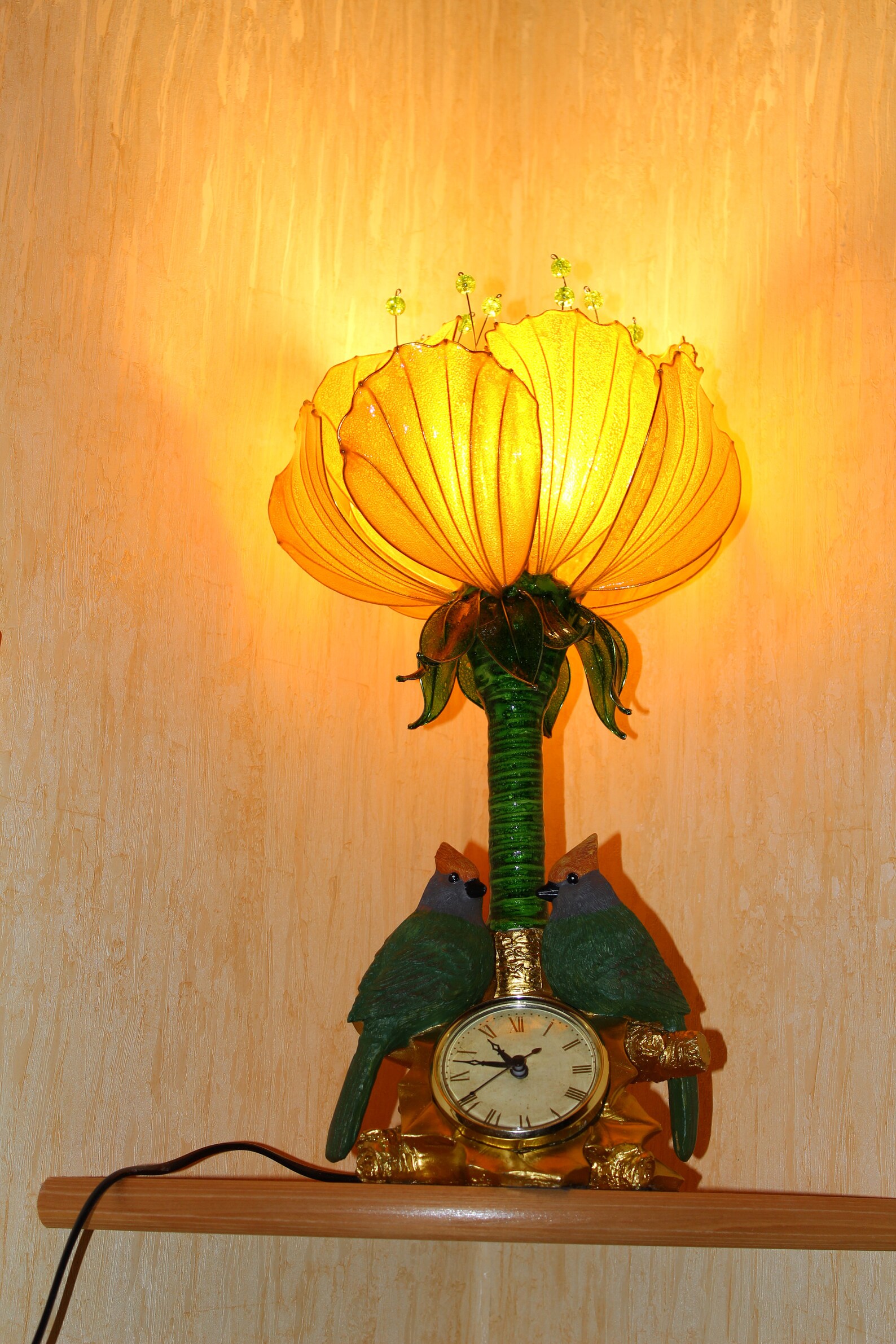 Table Fairy Magic Yellow Flower Lamp With Clock and Birds a - Etsy