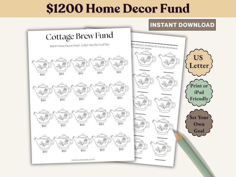 1200 Home Improvement Fund Savings Tracker Bundle Cottagecore Gift for ...