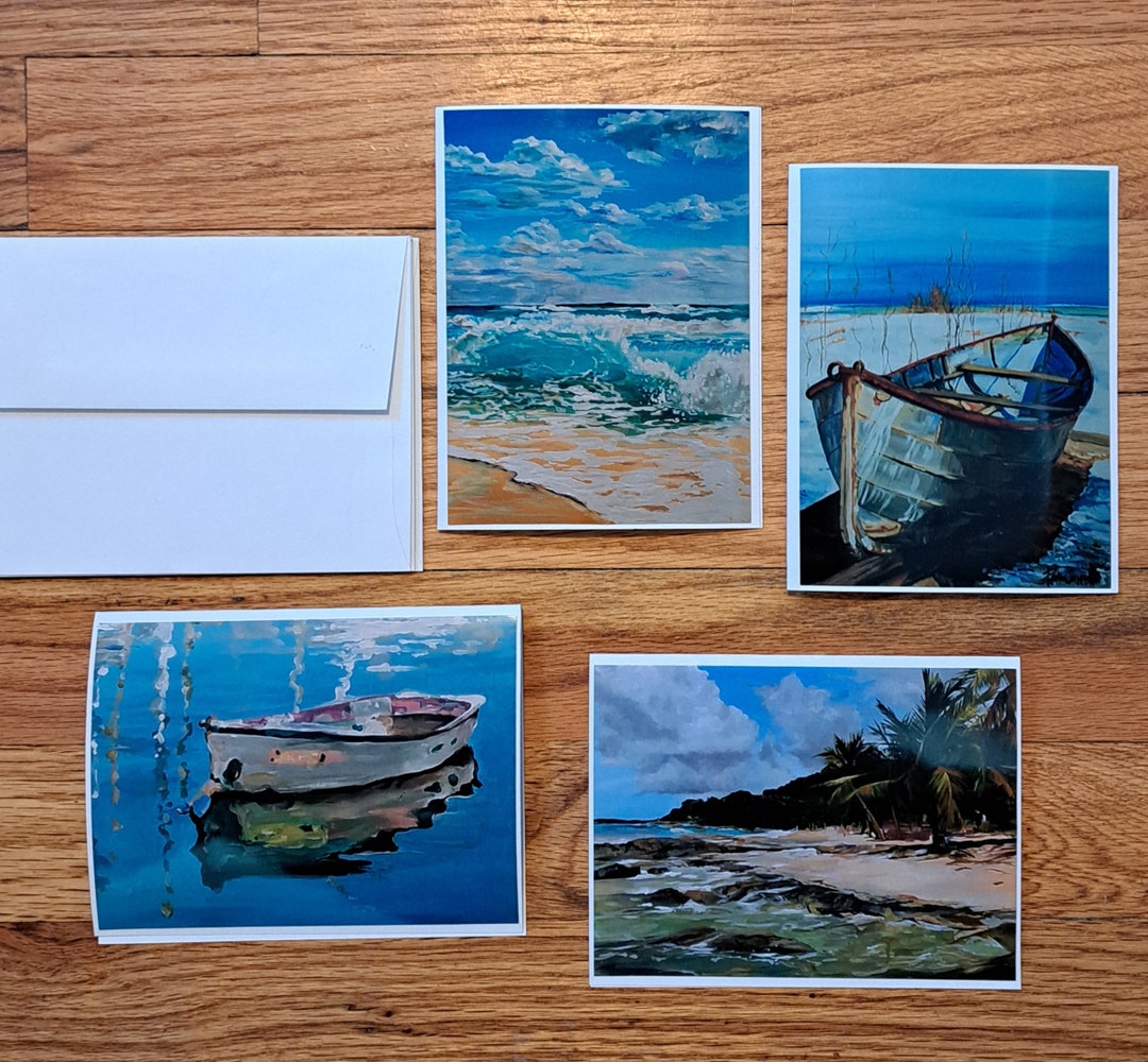 Note Cards, Beach Note Cards, Seaside Note Cards, Boat Art, Nautical ...