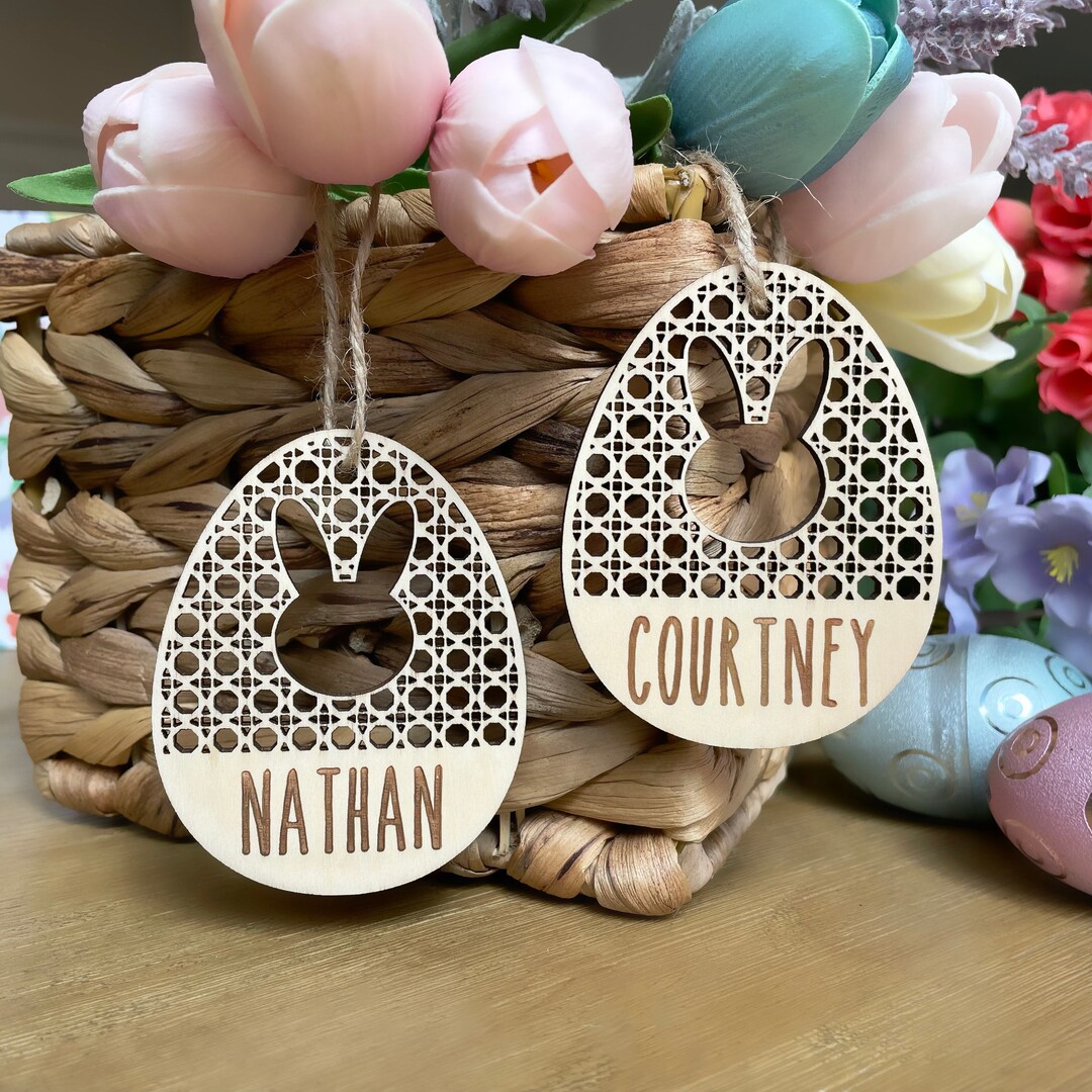 Rattan Easter Wood Tag, Personalized Easter Basket Tag, Easter Name Tag ...