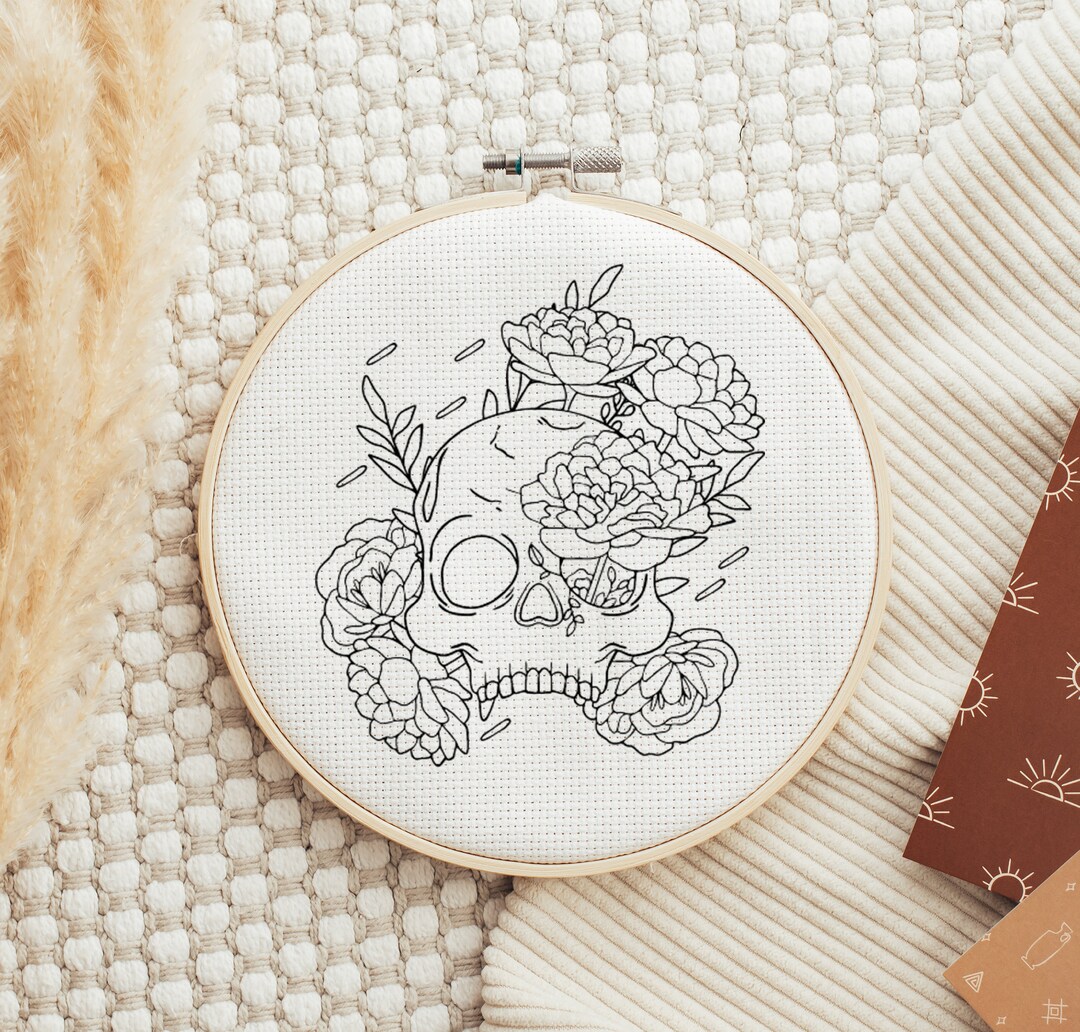 Digital PDF Skull and Roses Edgy Goth Line Art Hand Embroidery Pattern ...