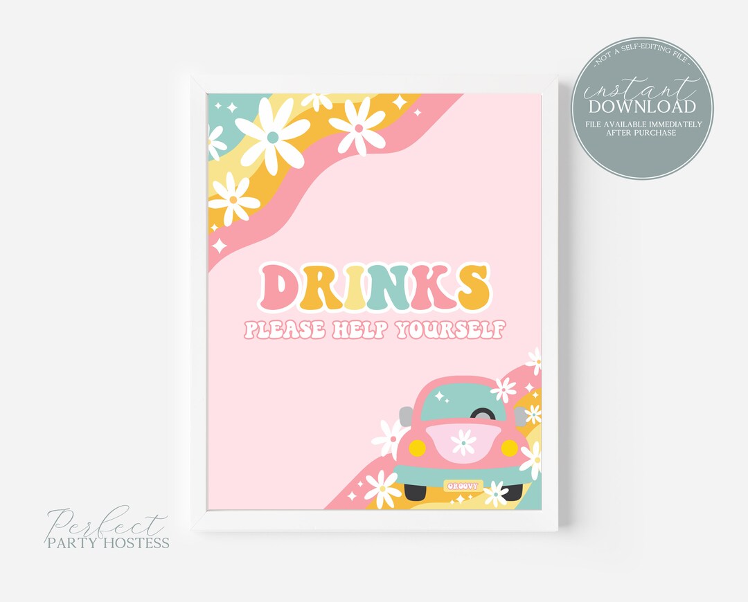 Groovy Drink Table Birthday Party Sign, Retro Birthday Party Sign Girl ...