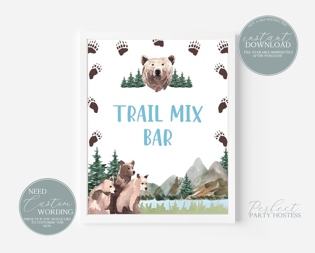 Trail Mix Bar Sign, Bear Party Printable Bear Wild One Birthday Party ...