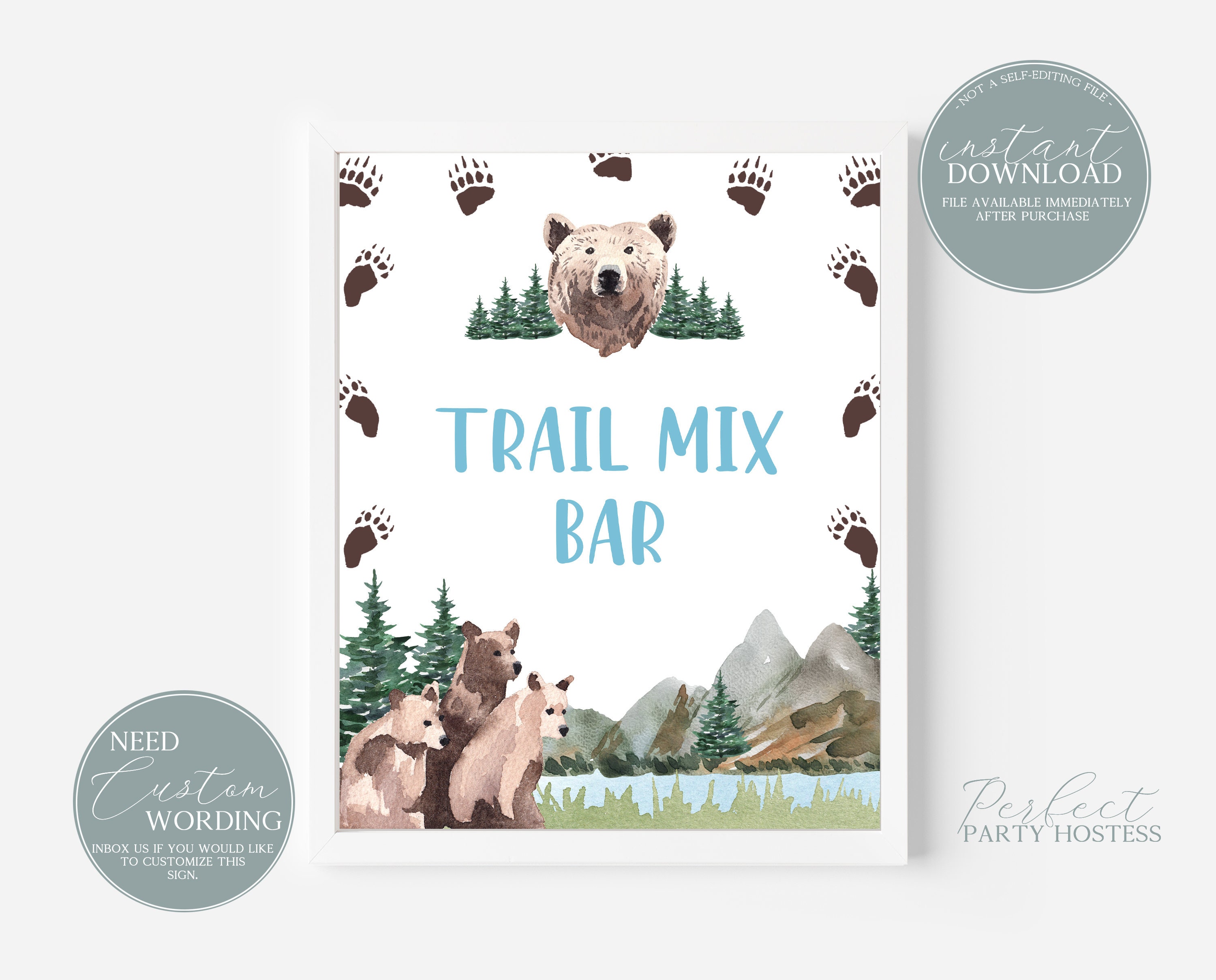 Trail Mix Bar Sign, Bear Party Printable Bear Wild One Birthday Party ...