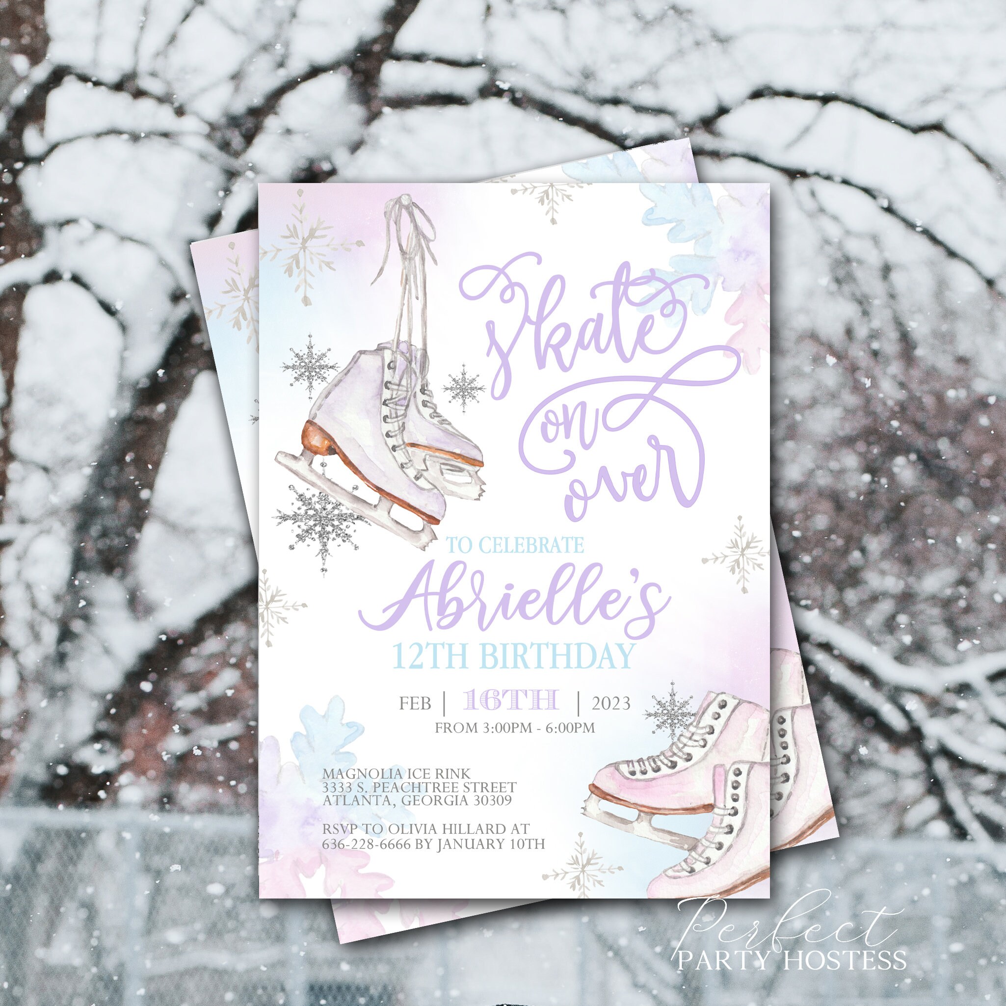 Watercolor Ice Skating Invitation Ice Skating Birthday Invitation ...