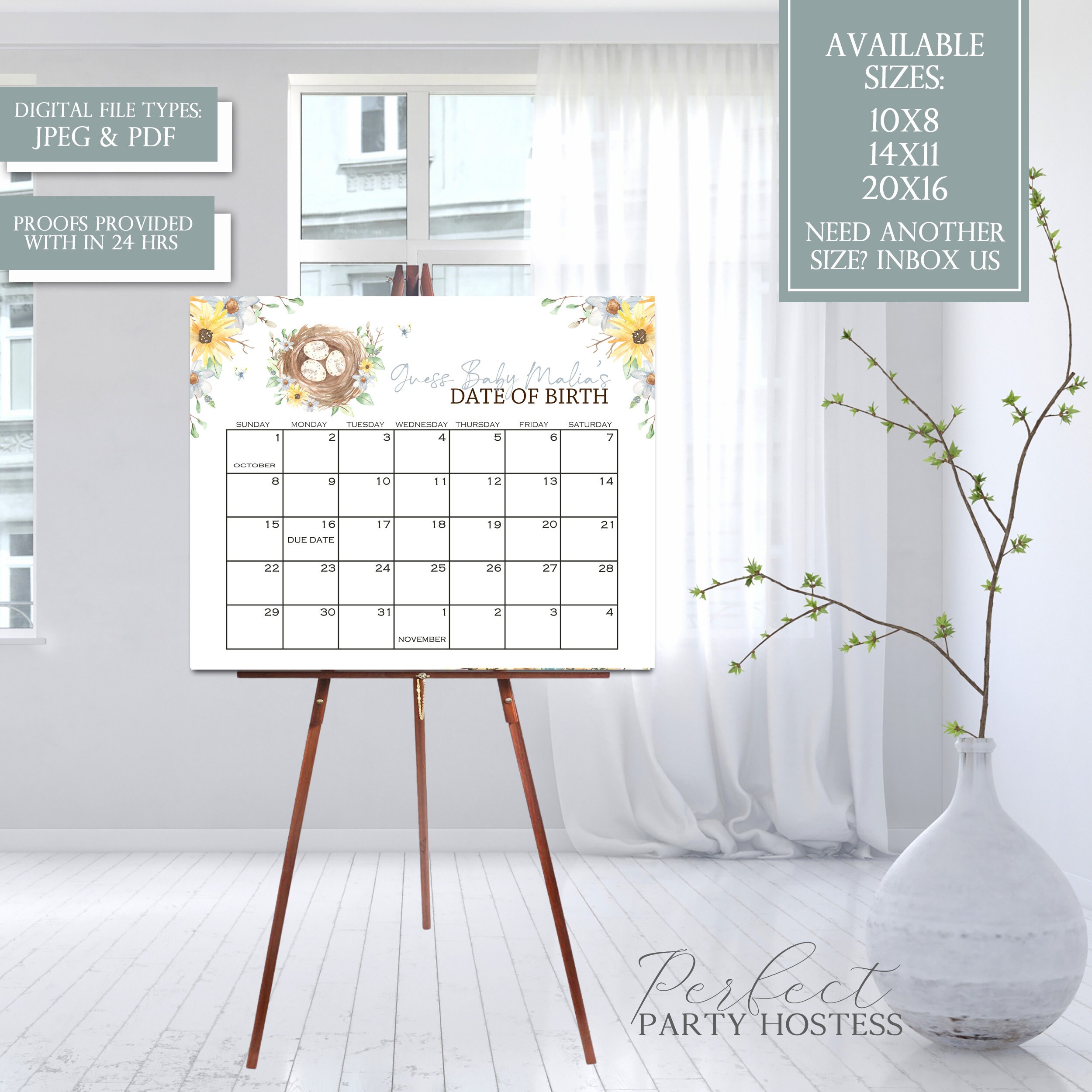 Bird Nest Baby Shower Due Date Calendar Baby Shower Game Guess Baby's ...