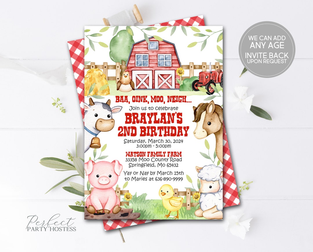 Farm Birthday Invite, Barnyard Invitation, Farm Animals Birthday, Farm ...