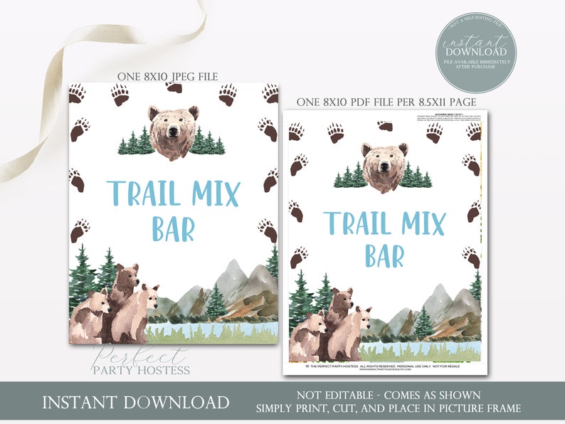 Trail Mix Bar Sign, Bear Party Printable Bear Wild One Birthday Party ...