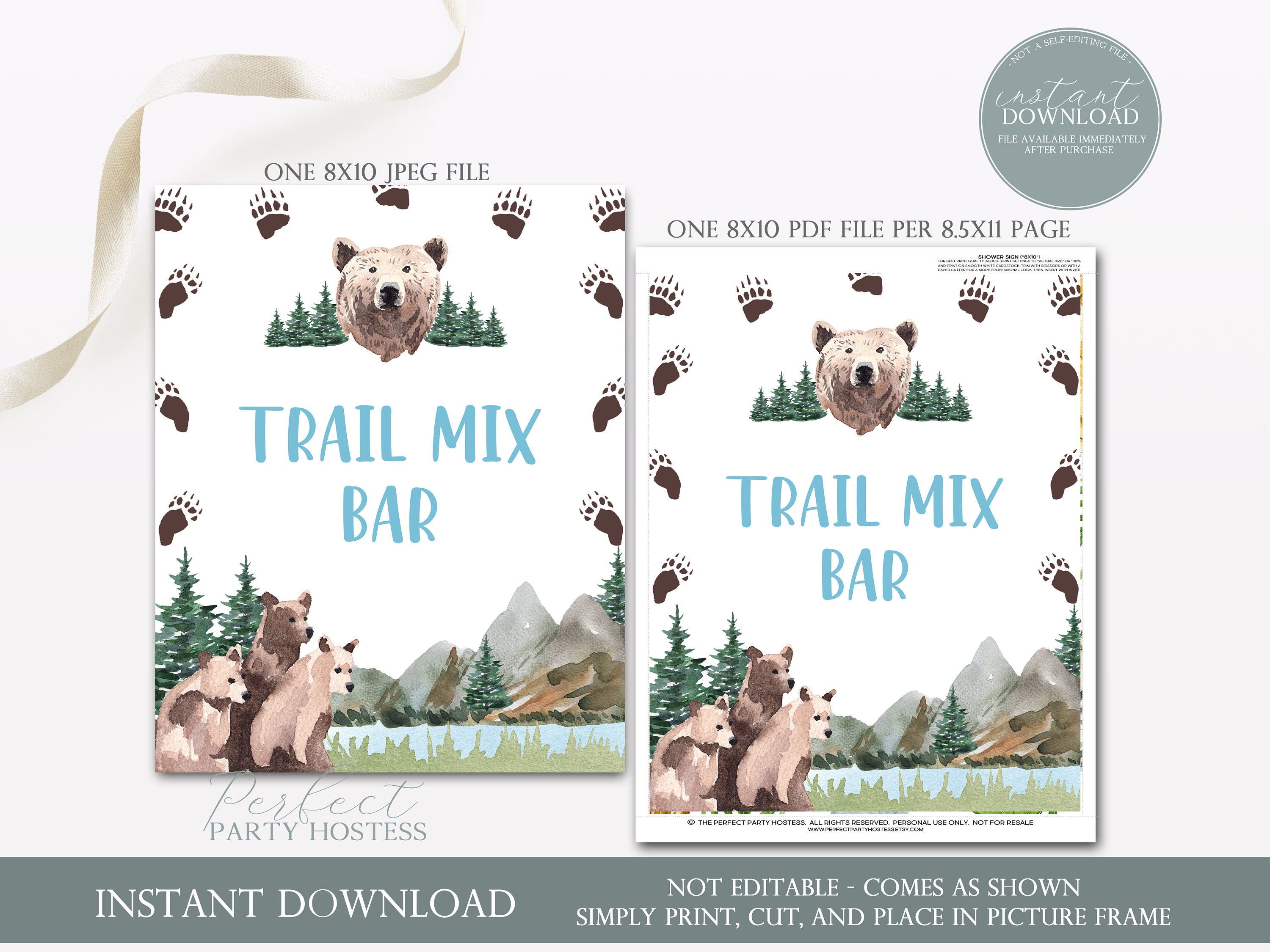 Trail Mix Bar Sign, Bear Party Printable Bear Wild One Birthday Party ...
