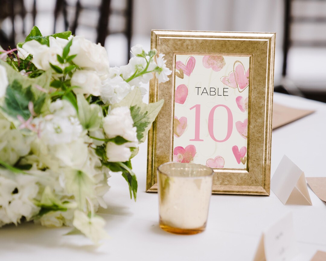Pink Hearts Table Numbers, 4x6 Table Numbers, 5x7 Table Numbers, Bridal ...