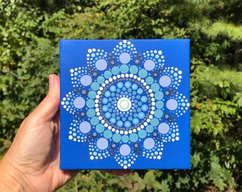 Vibrant Blue Dot Mandala Pointillism on Canvas Original Art - Etsy