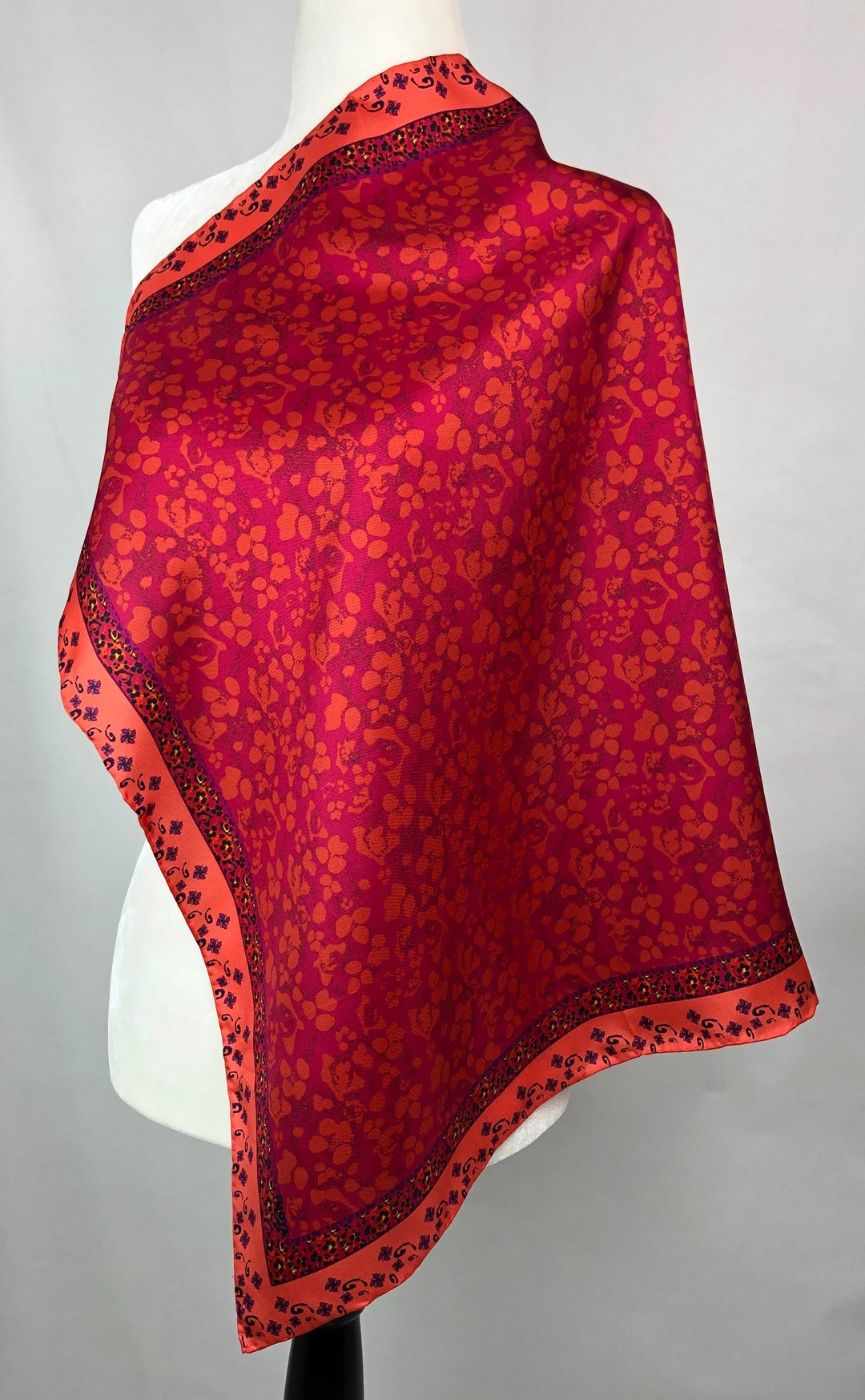 Silk Square Scarf, Red Coral Leafy - Etsy