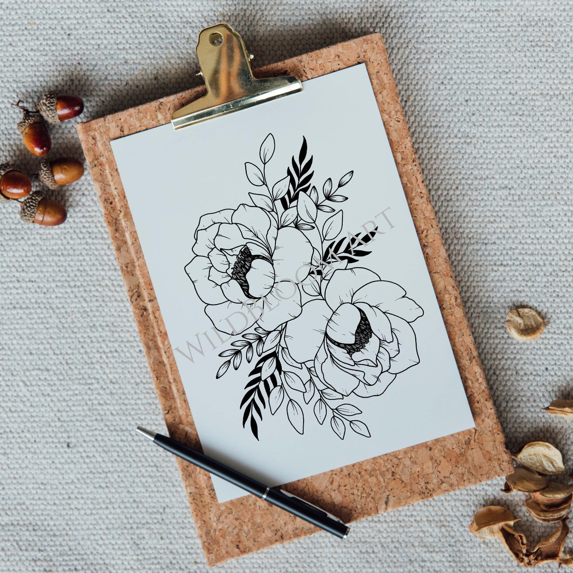 Vintage Peonies Line Drawing, Hand Drawn Florals, Botanical Print,black ...