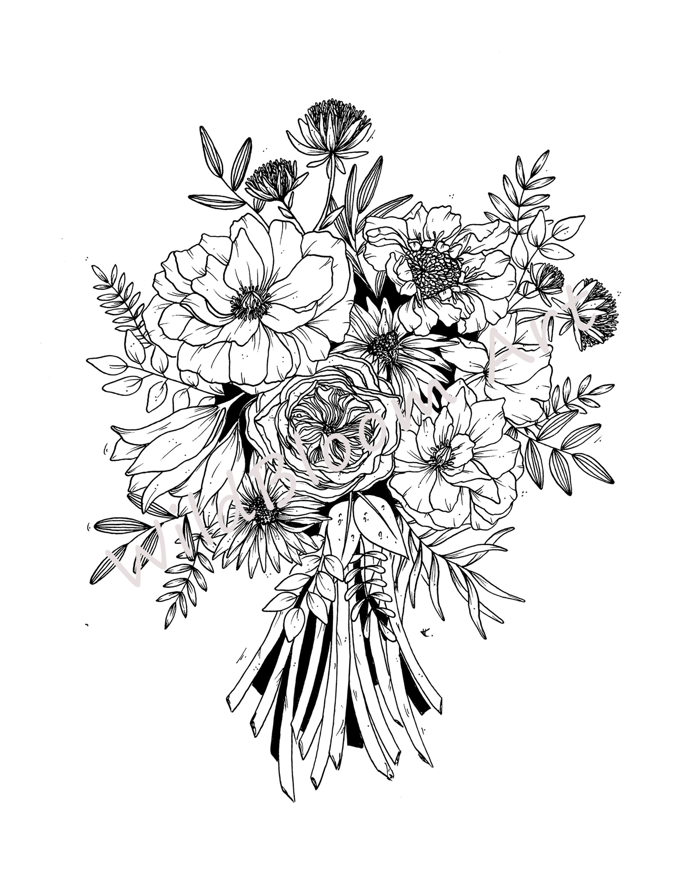 Line Drawing Bouquet Of Flowers