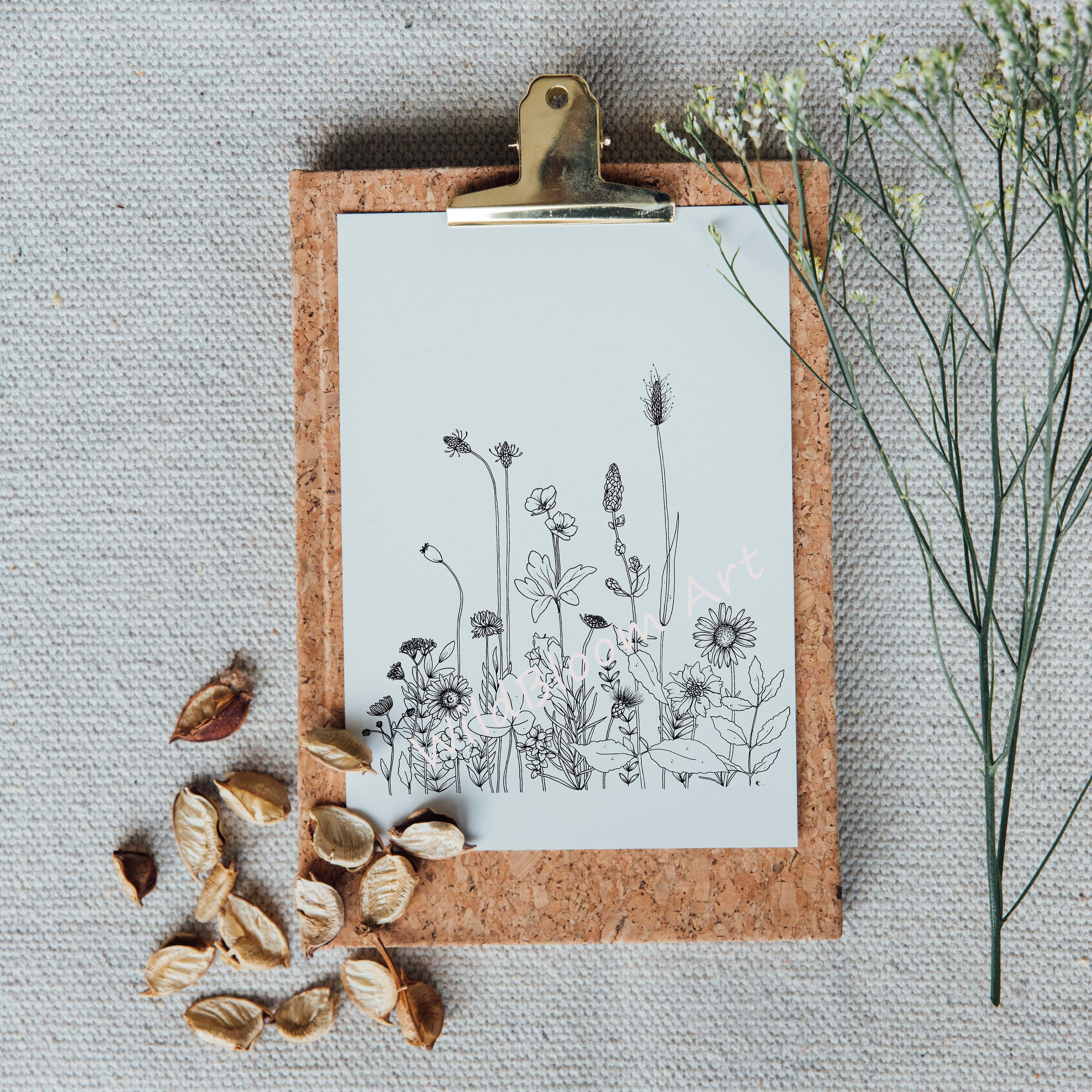 Wildflower Line Drawing, Botanical Print, Art Print, Flower Art Print ...