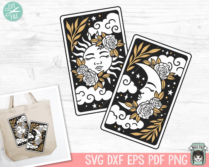 Tarot Card Sun Moon Svg, Floral Sun Tarot Svg File, Floral Moon Tarot ...