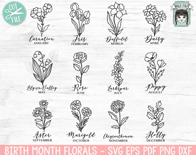 Birth Flower Vector Clipart Set / Stamp Silhouette Graphic / Rose, Lily ...