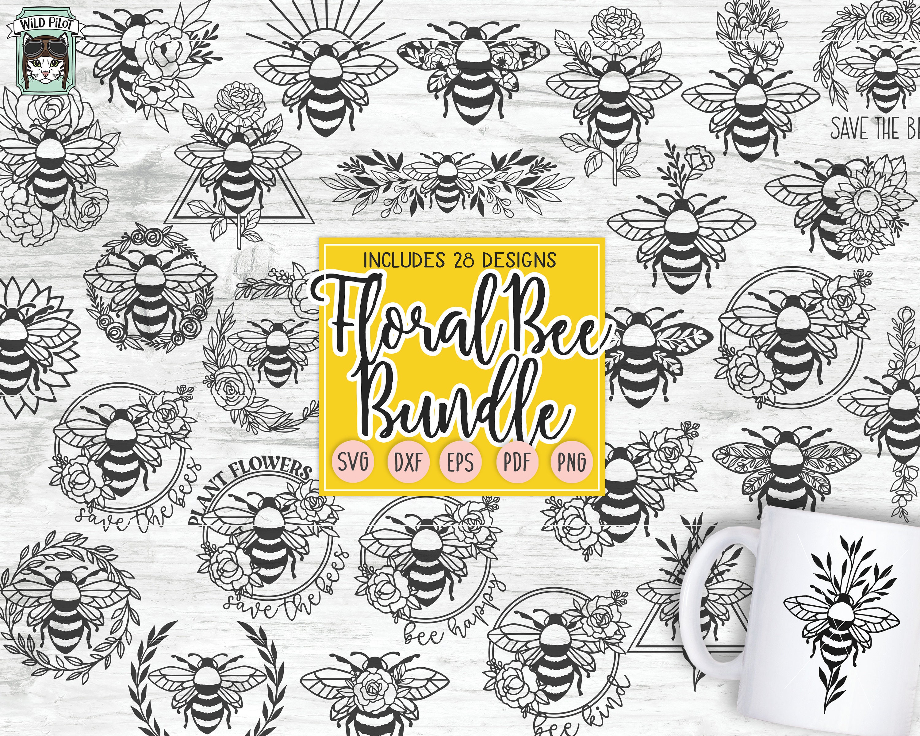 Floral Bee Bundle Svg, Flower Bee Svg File, Save the Bees Svg, Bee Kind ...