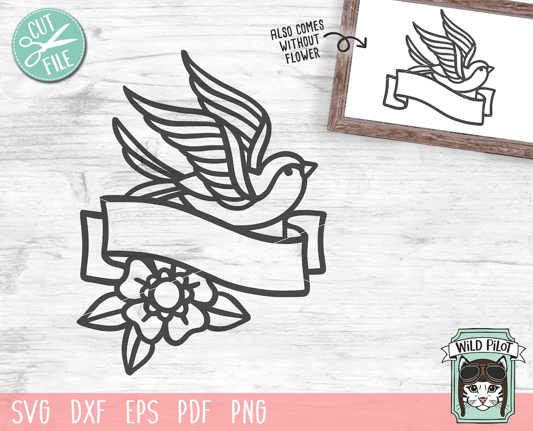 Bird SVG File, Ribbon Banner SVG File, Sparrow Svg File, Tattoo Svg ...