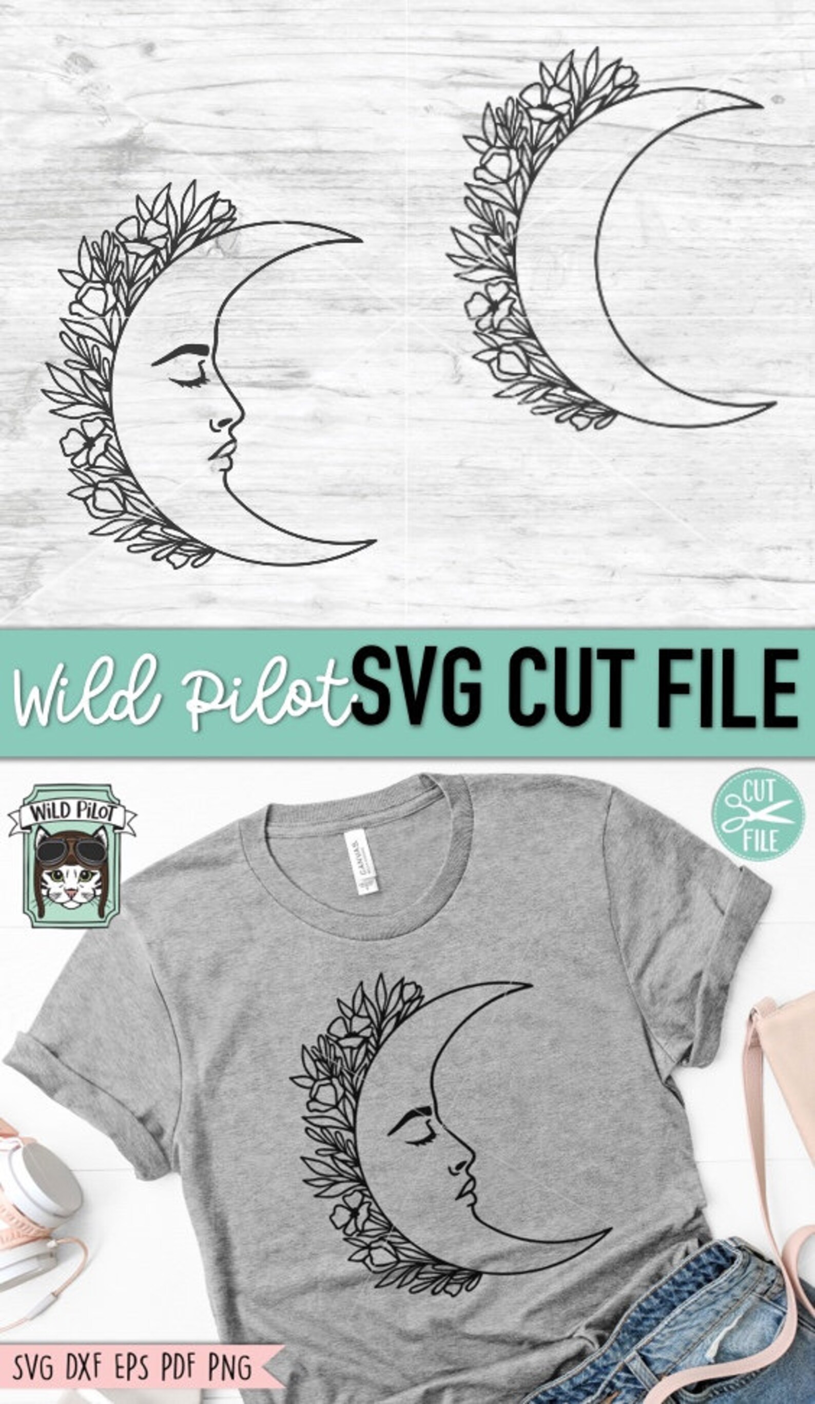 Moon Flowers Svg File, Moon Floral Svg, Man in the Moon Svg File, Moon ...