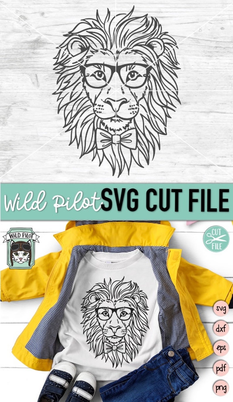 Lion Svg File, Lion With Glasses Bowtie Svg, Lion Cut File, Animal Face ...