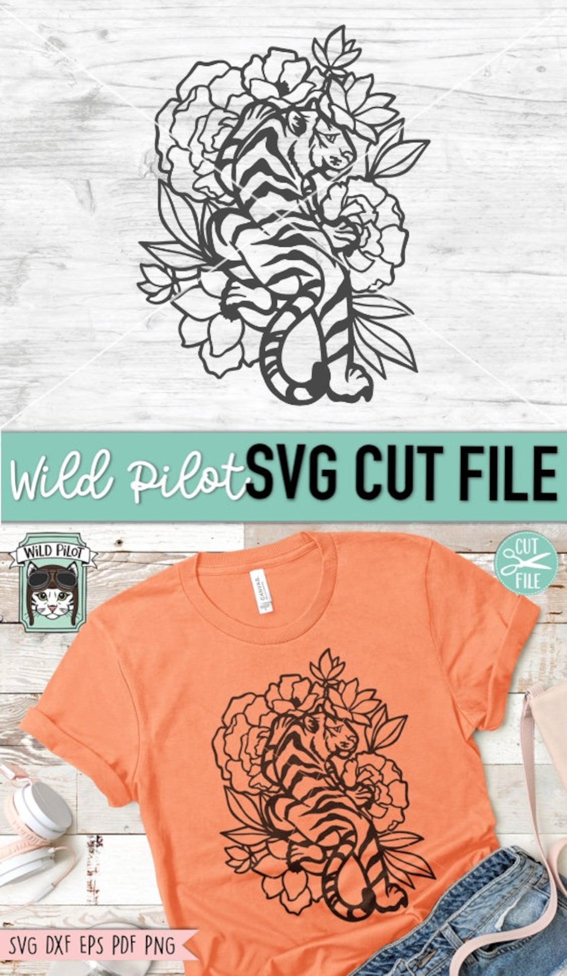 Floral Tiger SVG File, Tiger Flowers SVG, Tiger Cut File, Floral Tiger ...