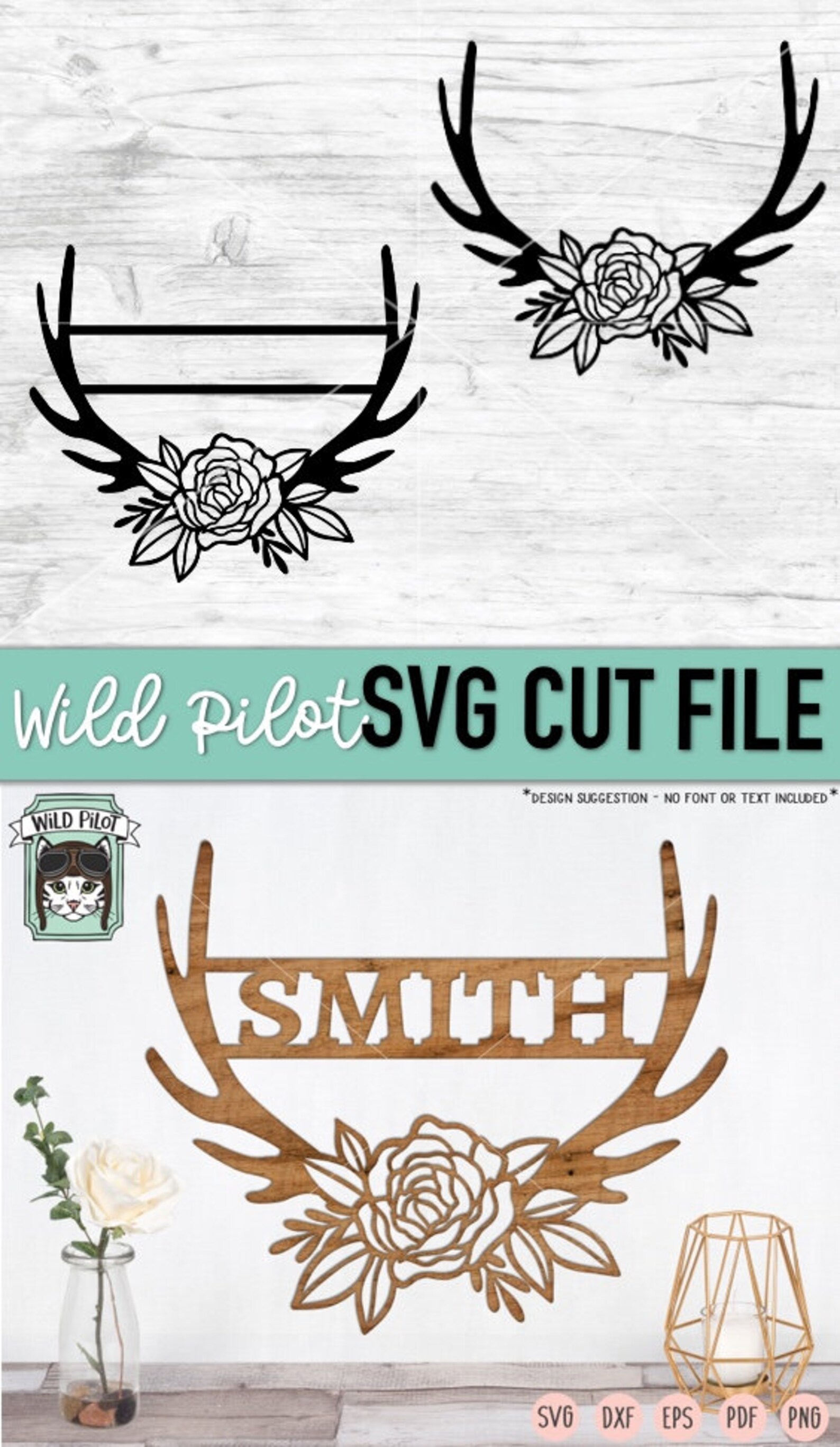 Floral Deer Antlers SVG, Antler Monogram Svg, Antler Last Name Sign Svg ...