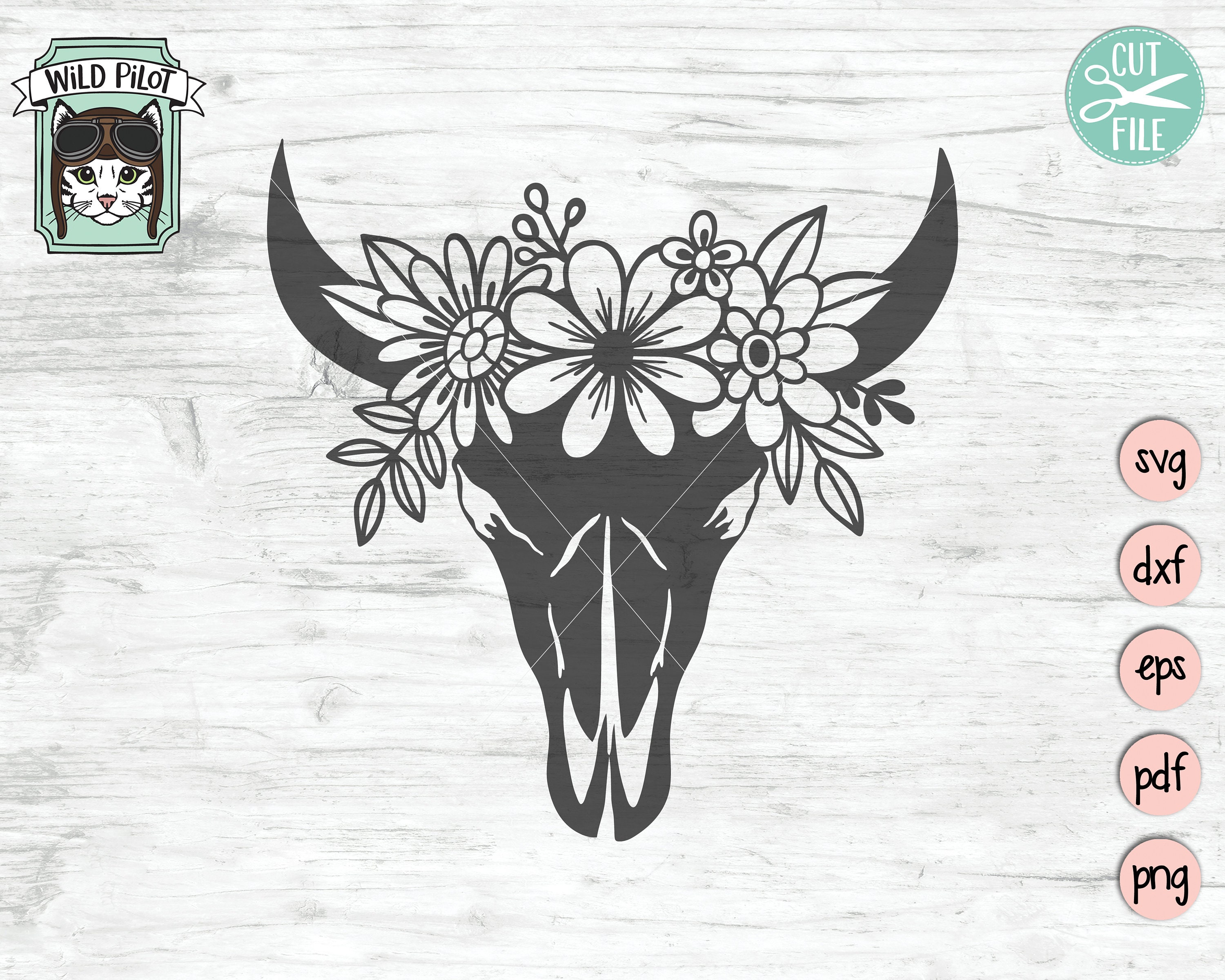 Drawing & Illustration Art & Collectibles Digital Cow Skull Floral cut ...