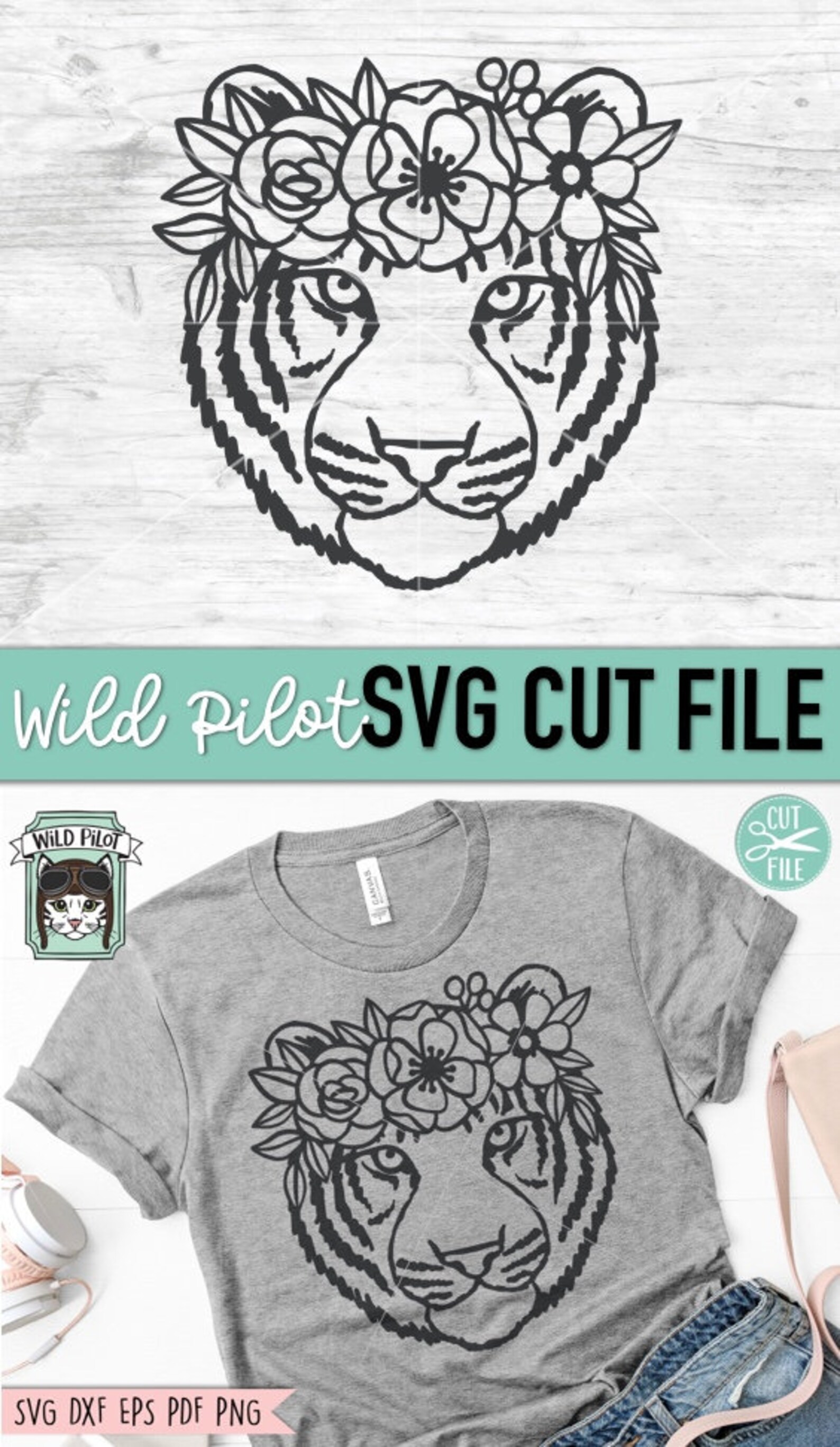 Tiger SVG File, Tiger With Flower Crown SVG, Tiger Cut File, Animal ...