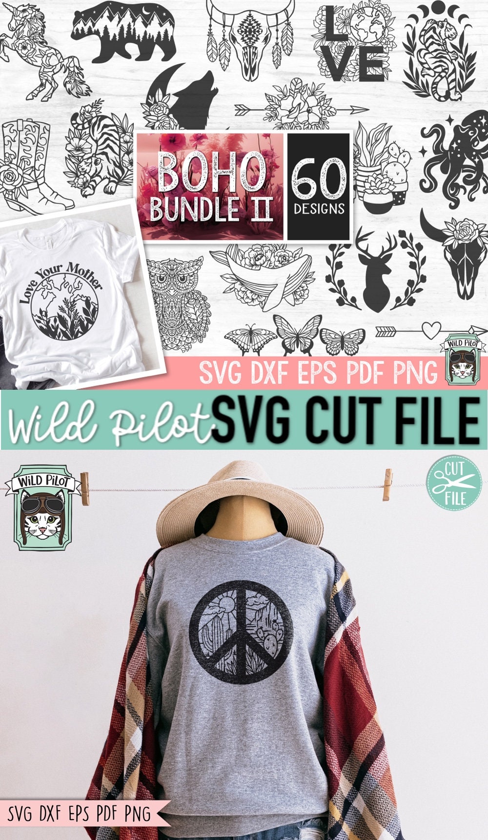 Boho SVG Files Bundle, Flower Cow Skull SVG, Cactus Svg, Wild Free Svg ...