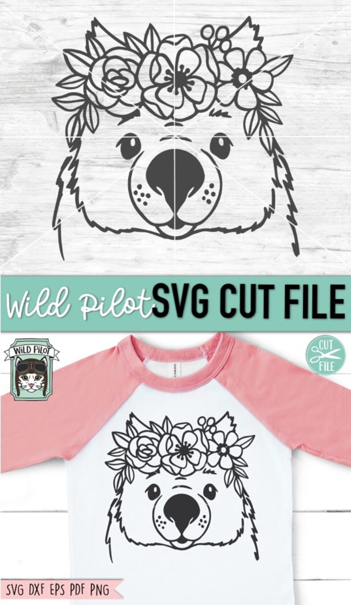 Wombat SVG File, Wombat With Flower Crown SVG, Wombat Cut File, Animal ...