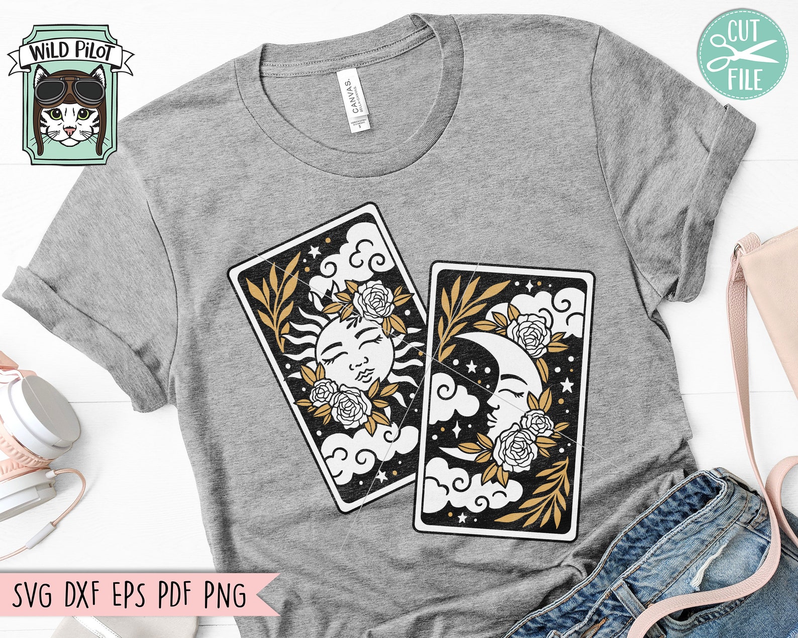 Tarot Card Sun Moon Svg, Floral Sun Tarot Svg File, Floral Moon Tarot ...