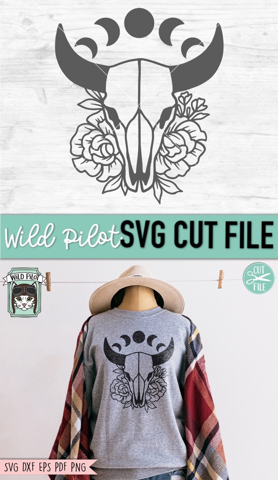 Cow Skull Svg Flowers Svg Floral Svg Mystical Svg Moon Etsy