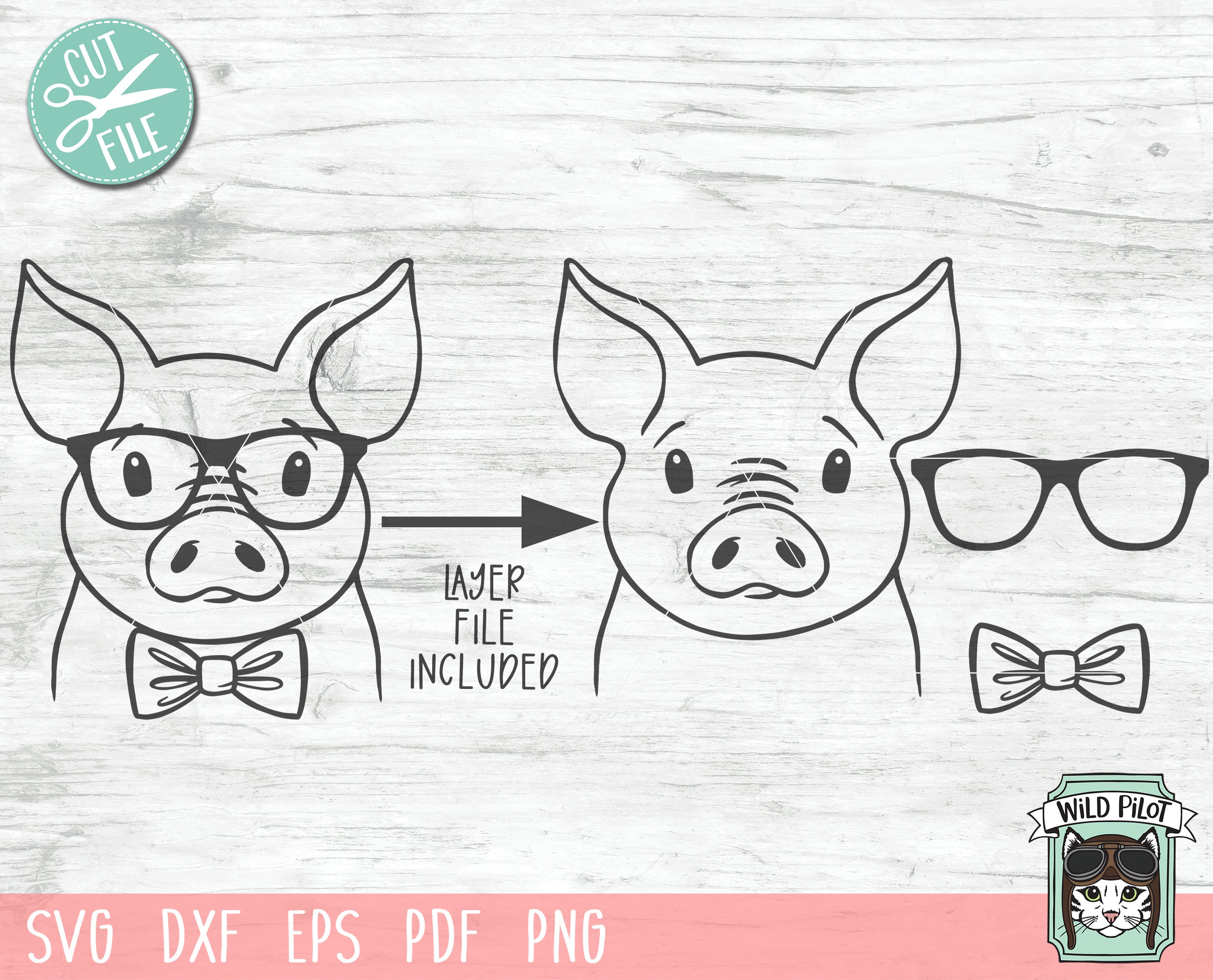 Pig Svg File, Pig With Glasses Bowtie Svg, Pig Cut File, Animal Face ...