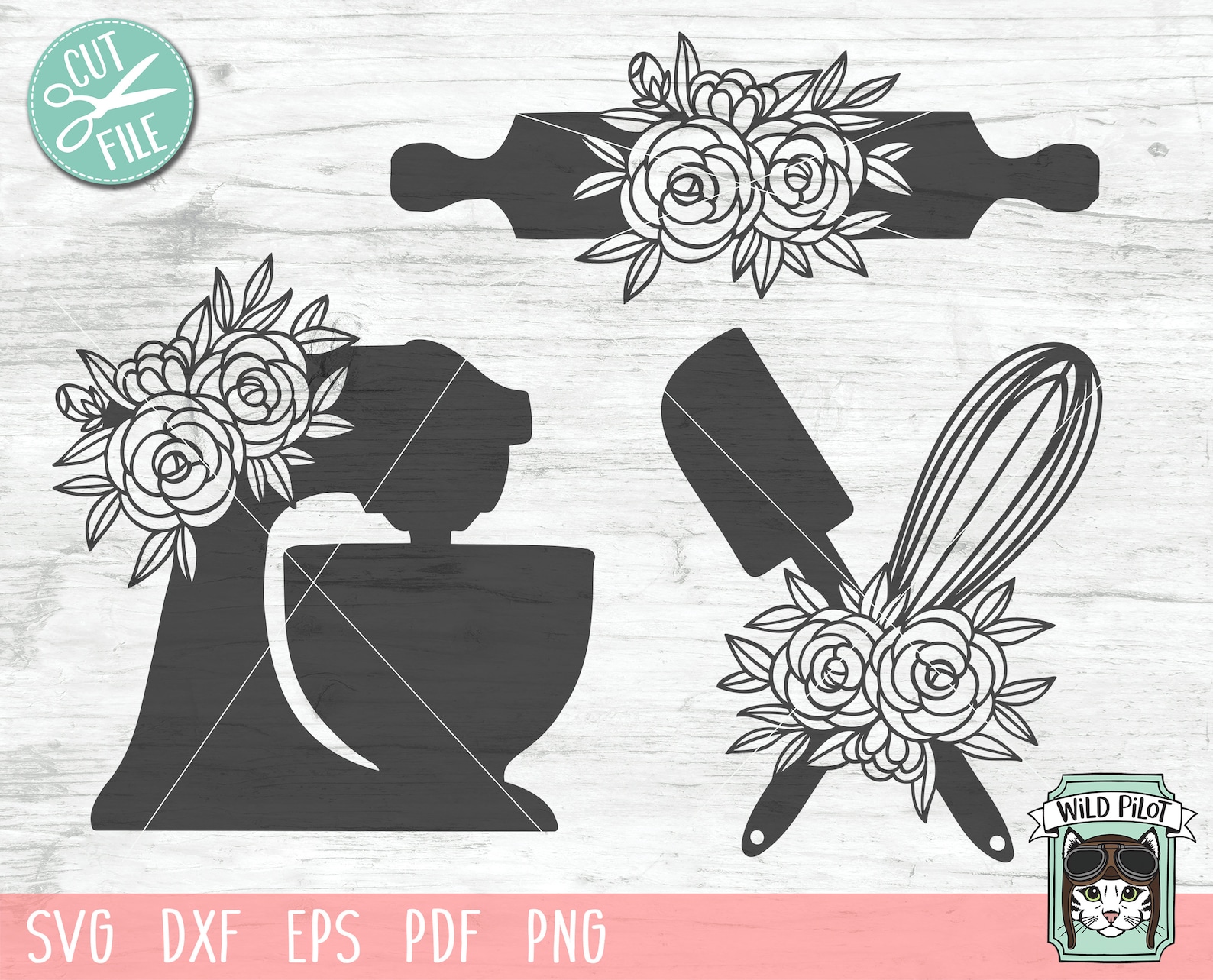 Baking SVG File Mixer Svg Floral Rolling Pin Svg Whisk Svg - Etsy