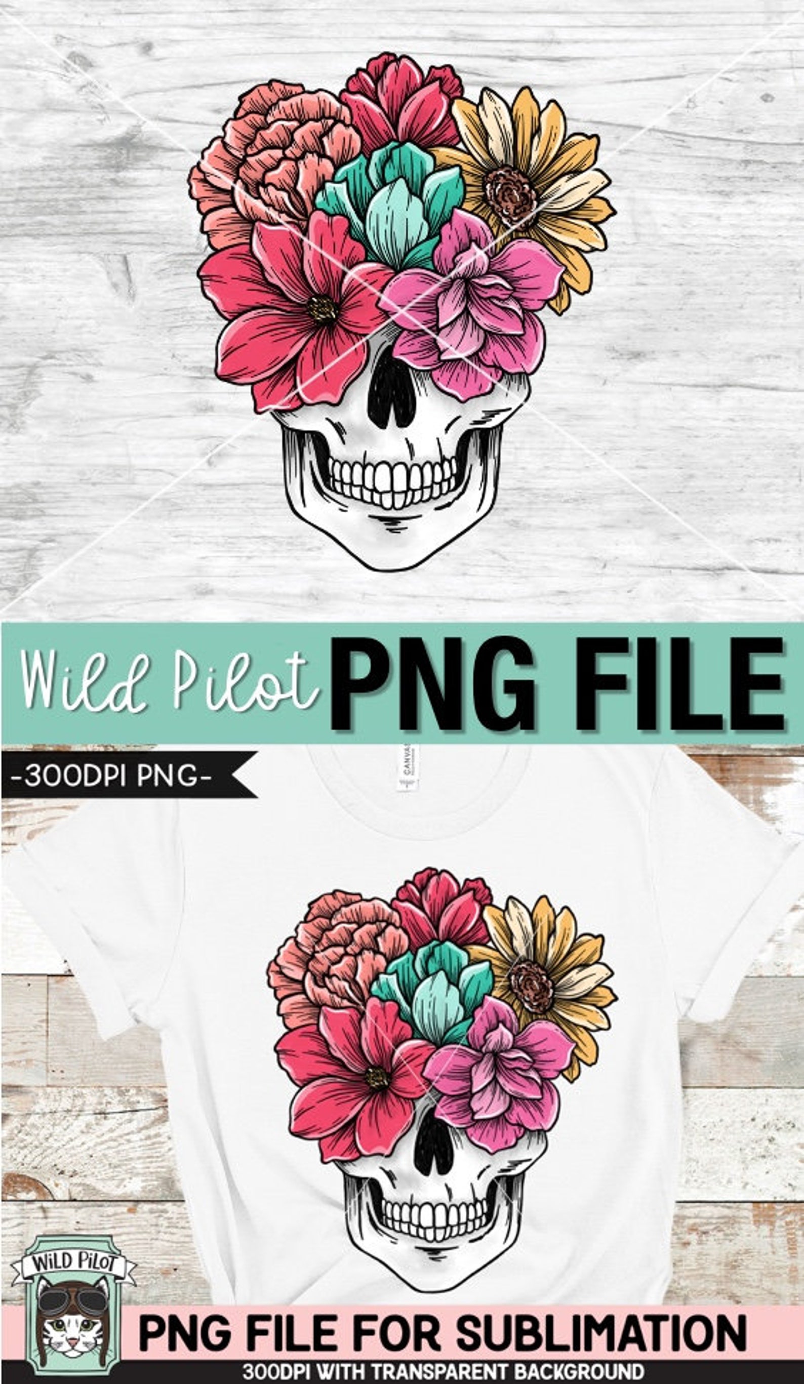 Floral Skull SUBLIMATION Design PNG, Flower Skull Png File, Skull ...