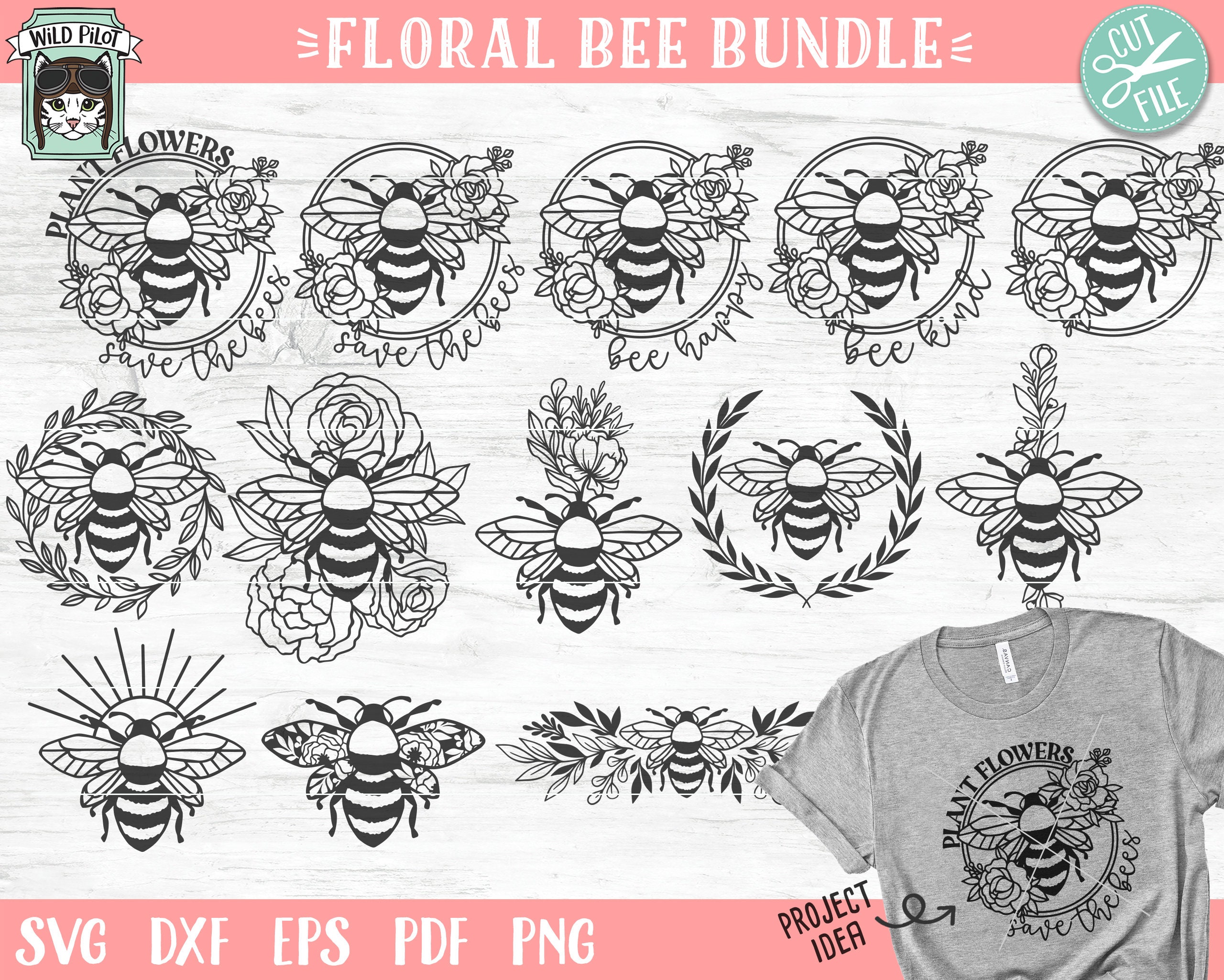 Floral Bee Bundle Svg, Flower Bee Svg File, Save the Bees Svg, Bee Kind ...