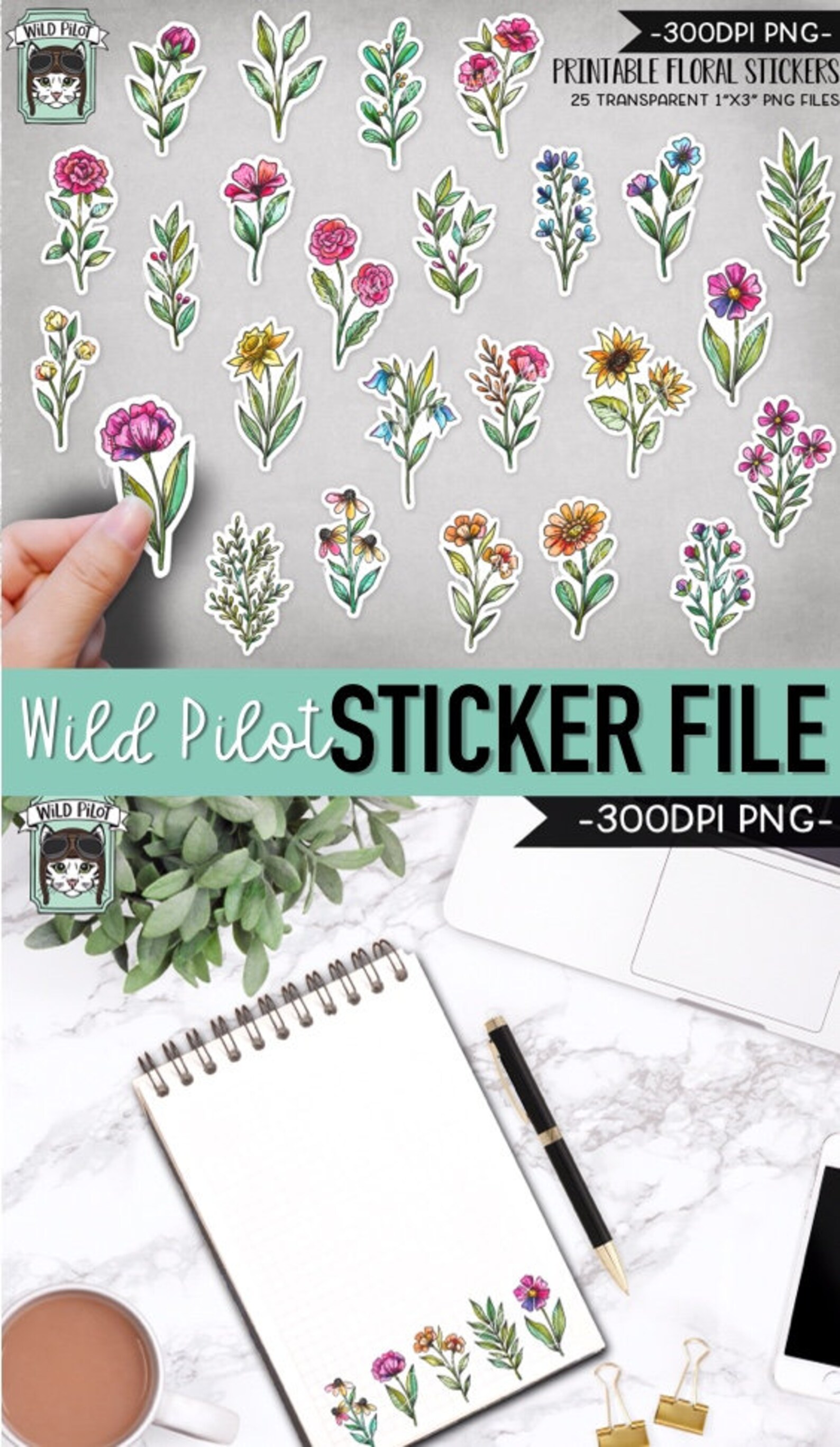 PRINTABLE Flower Sticker Files PNG File Watercolor Flower - Etsy