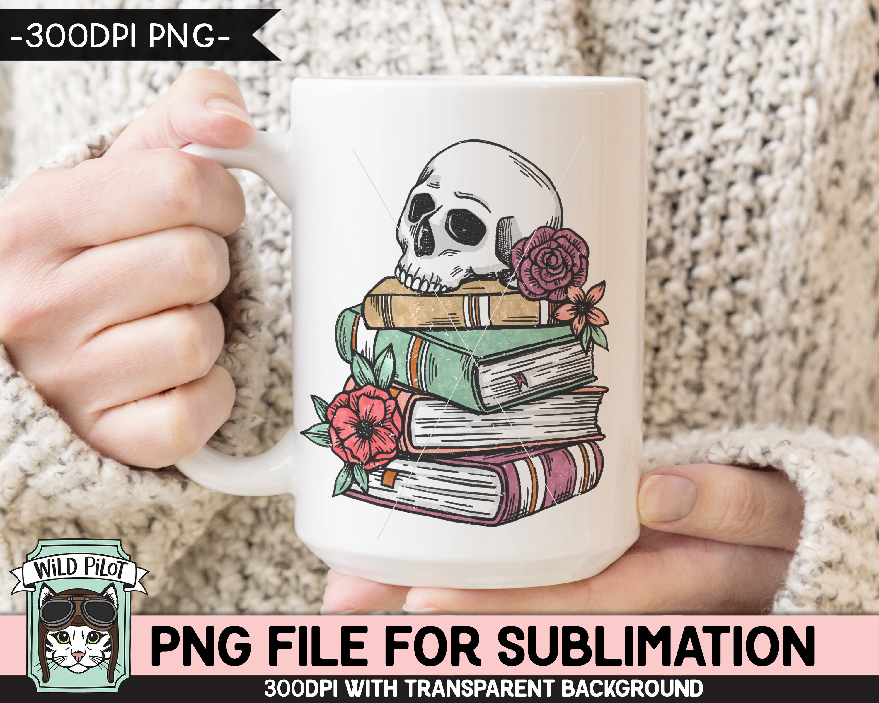 Book Lover SUBLIMATION Design PNG File Floral Skull Books - Etsy
