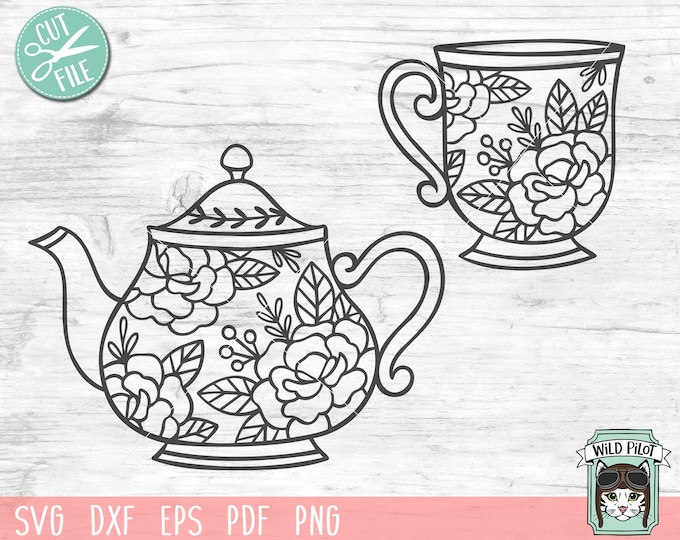 Teapot Teacup SVG Cut File, SVG, DXF for Cameo Silhouette, Cricut ...