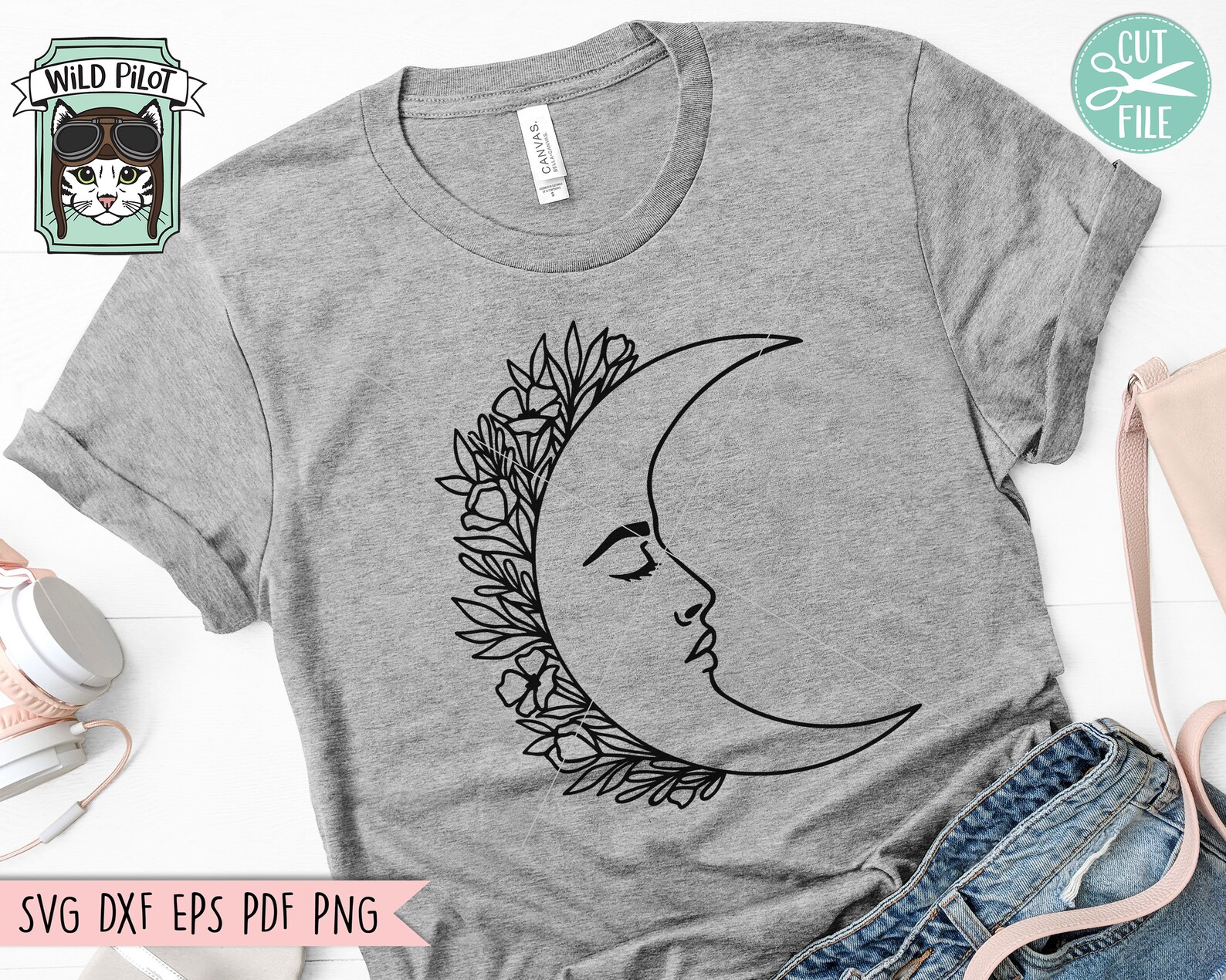 Moon Flowers Svg File, Moon Floral Svg, Man in the Moon Svg File, Moon ...