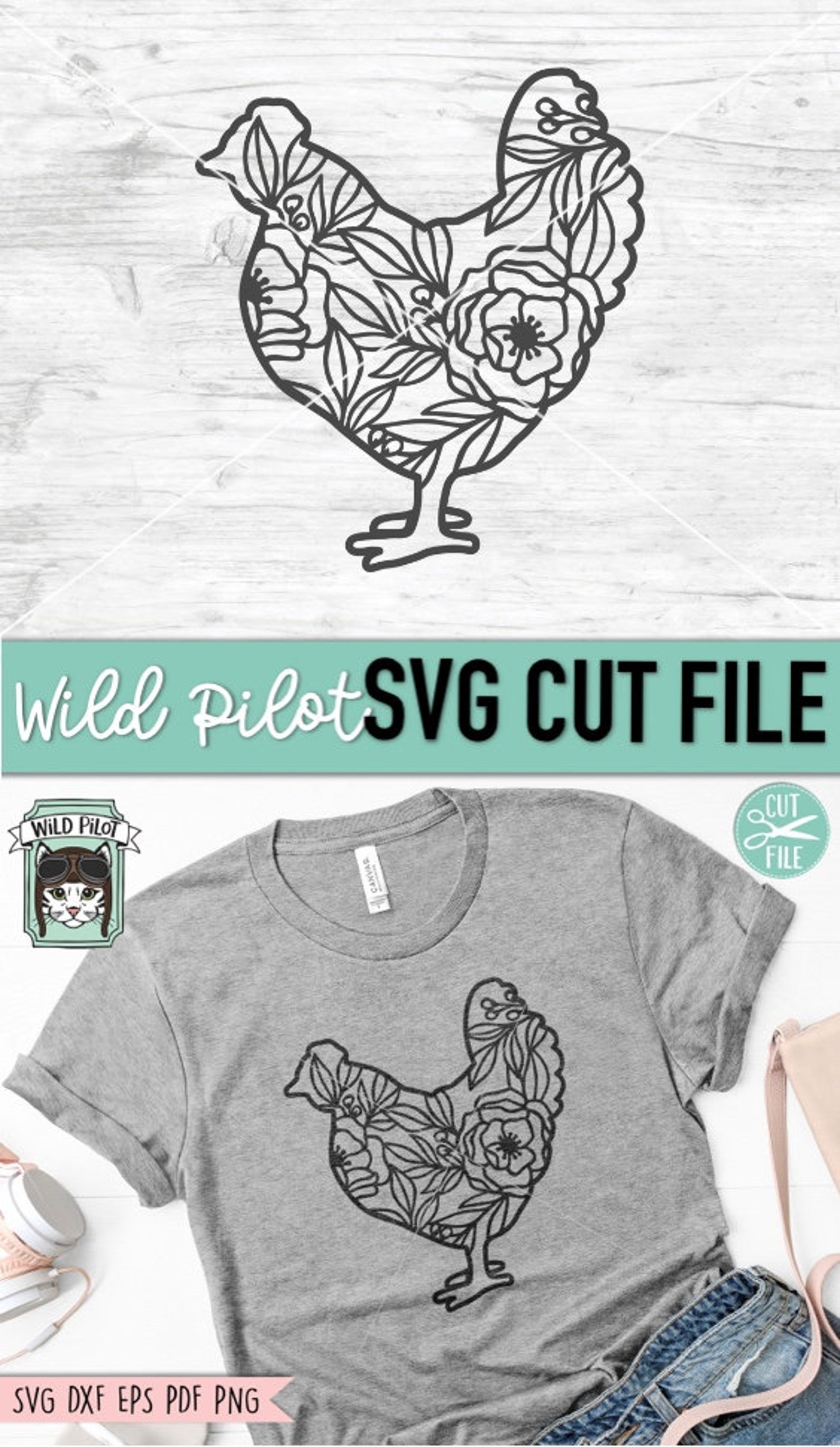 Chicken Silhouette SVG File Chicken Cut File Floral Chicken | Etsy