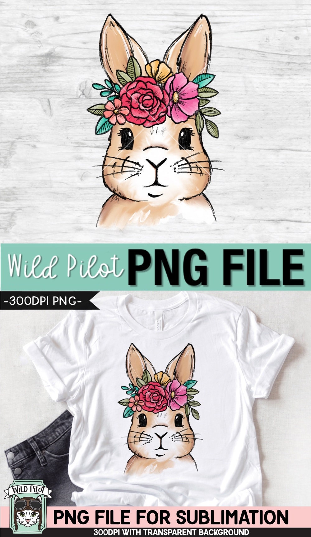 Floral Bunny SUBLIMATION Design PNG, Easter Bunny Face Png File, Flower ...